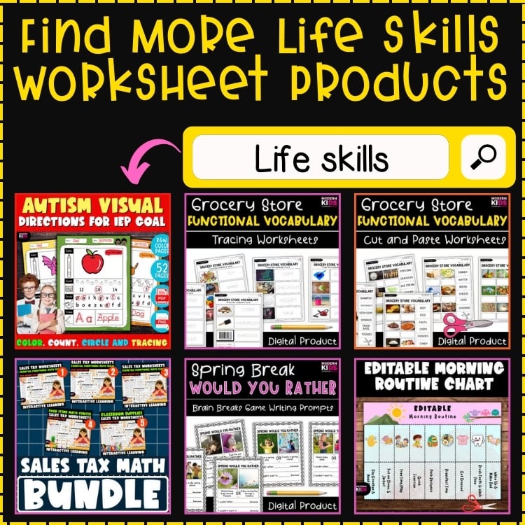Grocery Store Functional Vocabulary Worksheets – Life Skills Matching Word