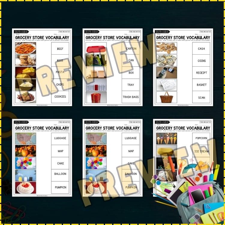Grocery Store Functional Vocabulary Worksheets – Life Skills Matching Word