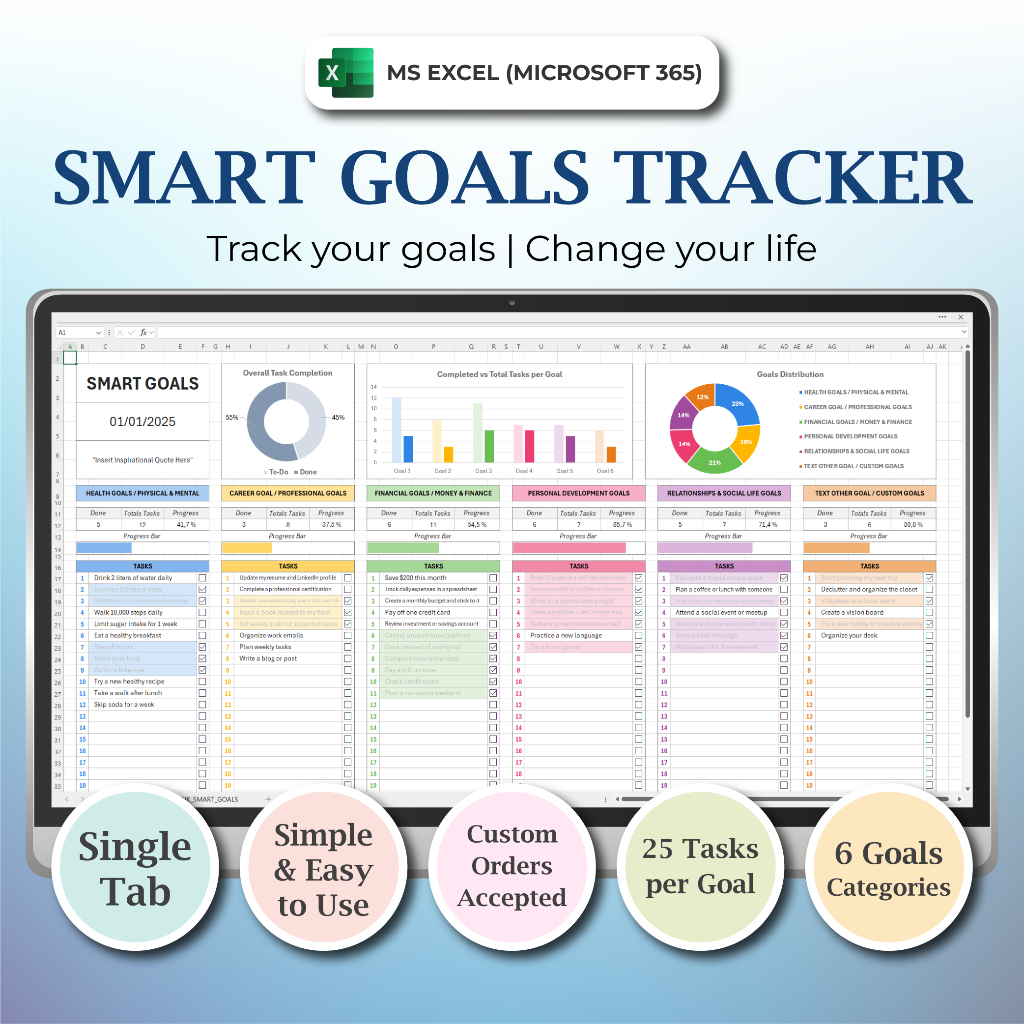 SMART Goals Tracker Spreadsheet – Excel Template for Goal Setting ...