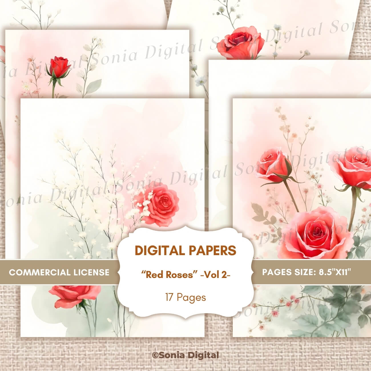 “Red Roses” Digital Papers ( Vol 2), Scrapbooking & Art Journaling ...