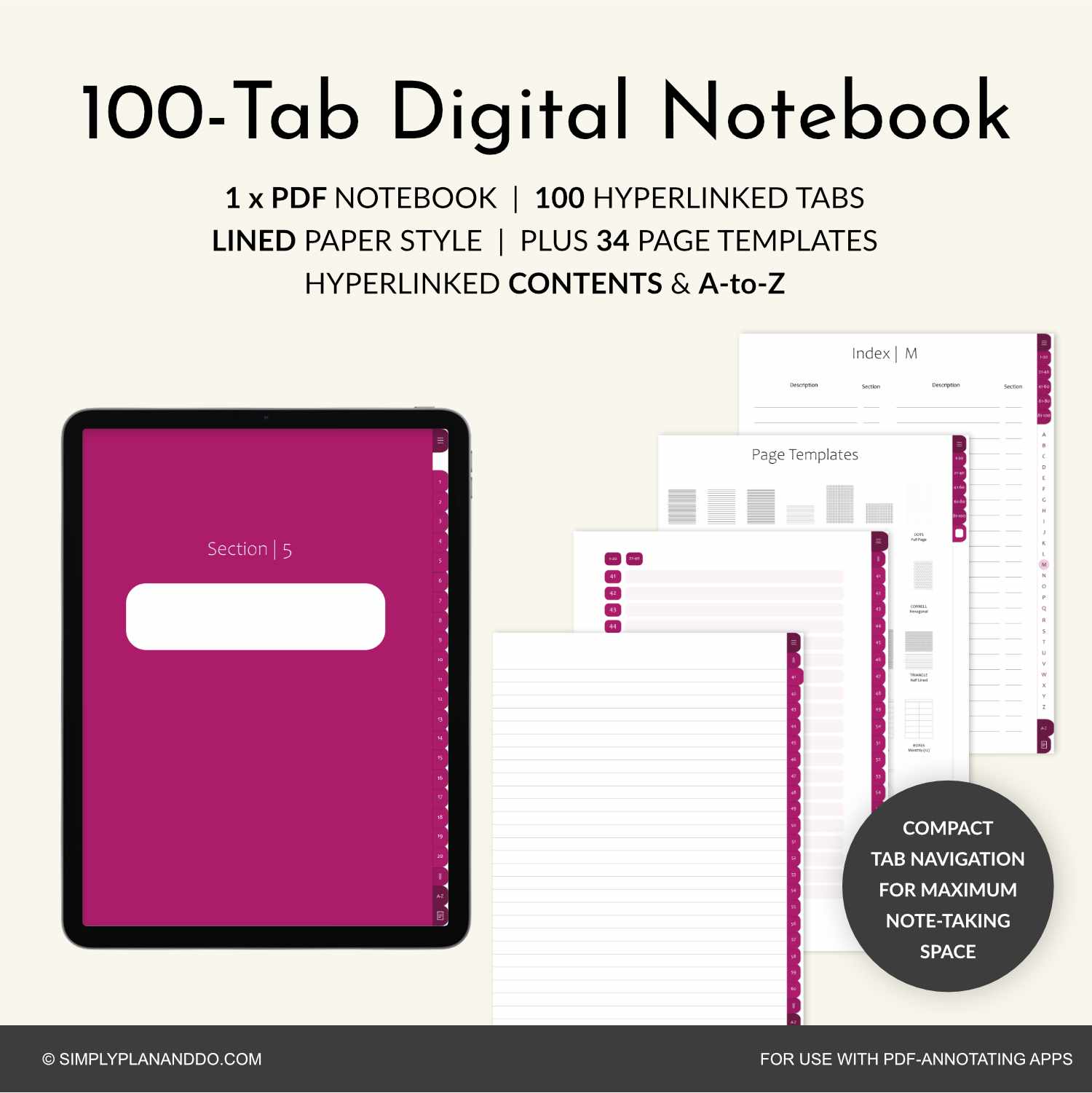 30-Tab Digital Notebook | Plain, Lined & Half-Lined