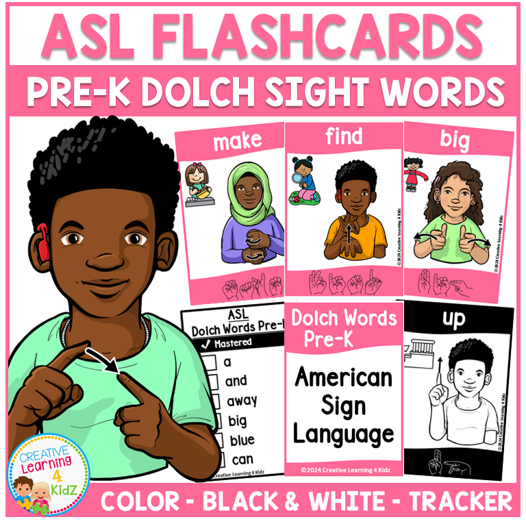 American Sign Language Pre-K Dolch Sight Words ASL Flashcards