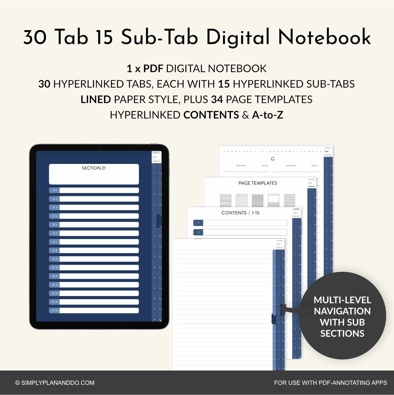 30-Tab 15-Sub Tab Digital Notebook | Lined style | PDF with hyperlinked ...