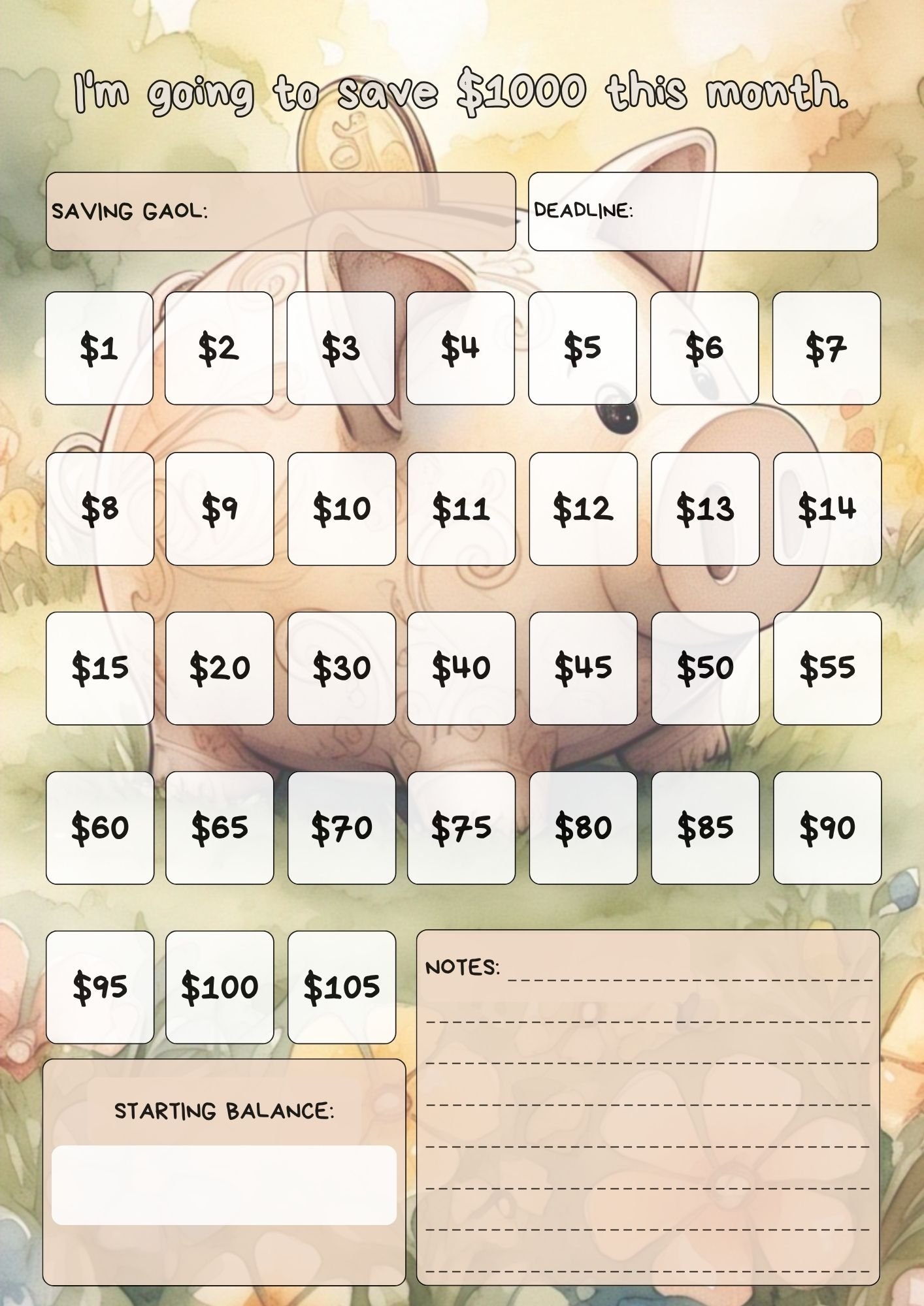 Customizable Savings Challenge Printable – Set Your Own Goal - Pig 2 ...