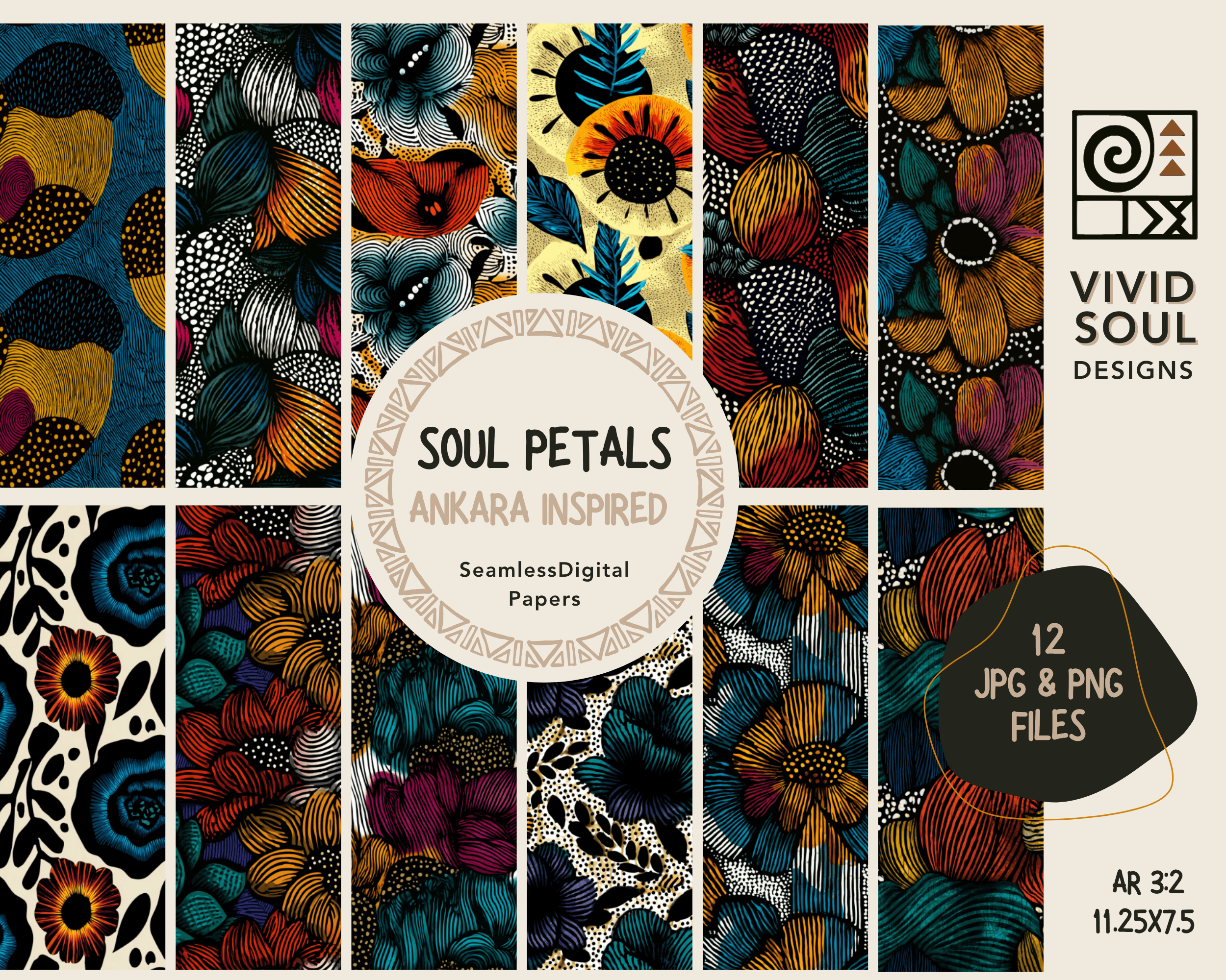 Soul Petals: Floral Fire 12 Seamless Digital Ankara-Inspired Patterns ...