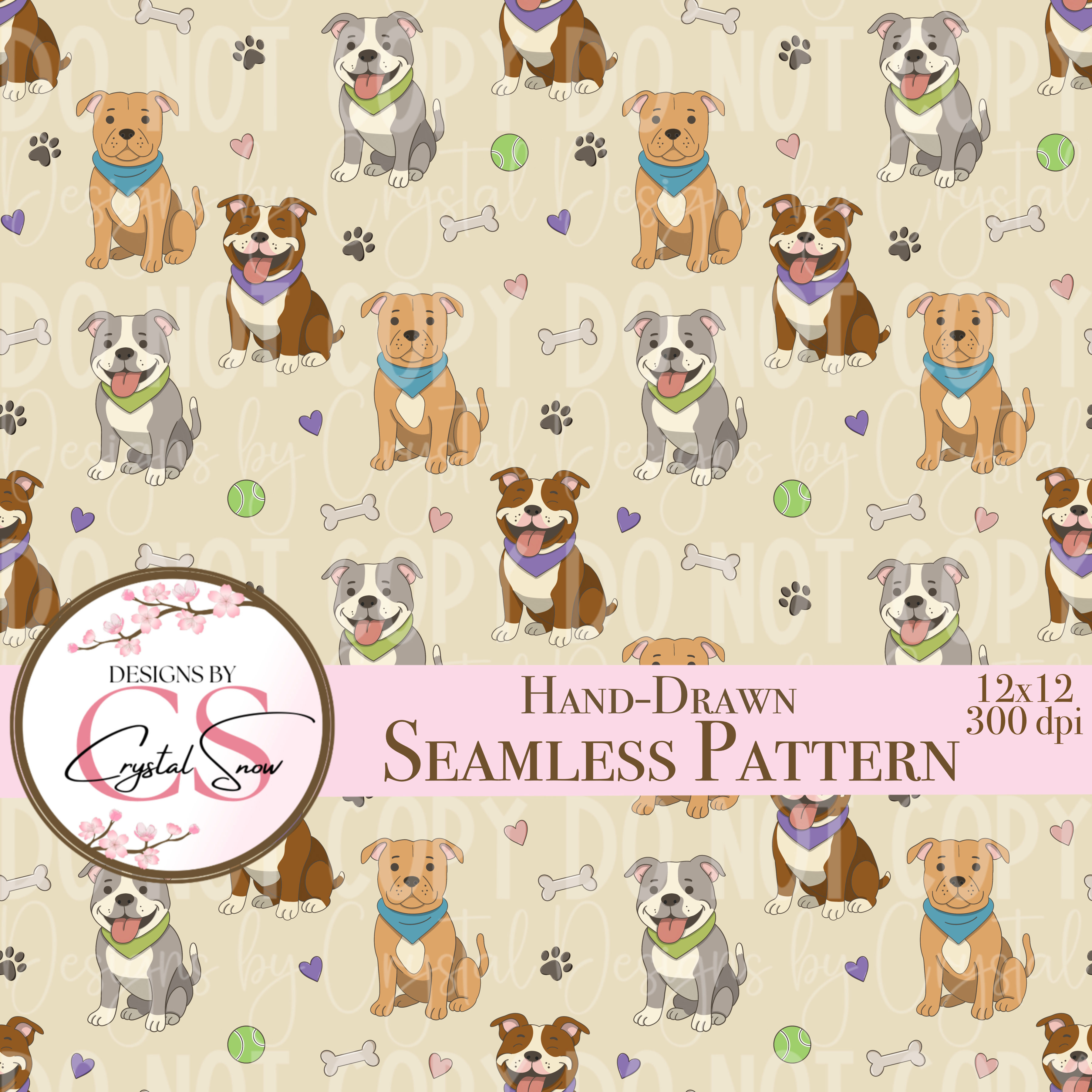 Pitbull Dog Seamless Pattern | 12x12 Hand Drawn Bandana Pup Tile | Cute ...