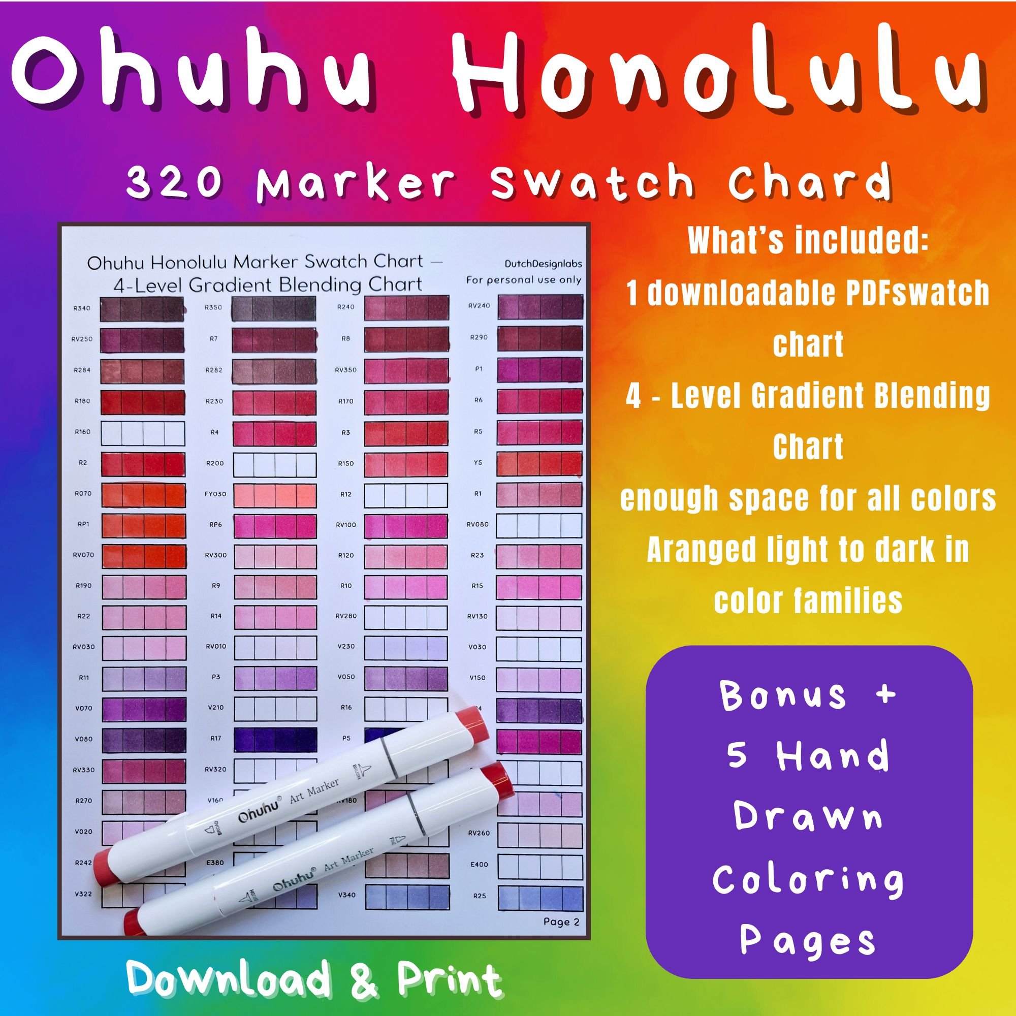 Ohuhu Honolulu Marker Swatch Chart – 4-Level Gradient Blending Template ...