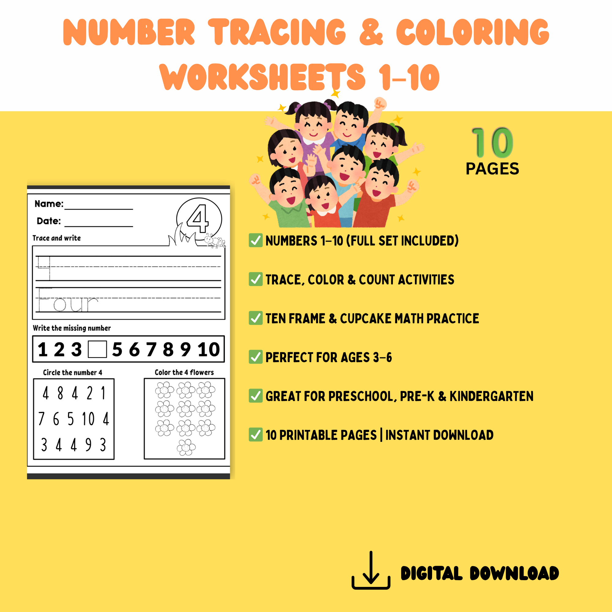 Number Tracing & Coloring Worksheets 1–10 - Payhip