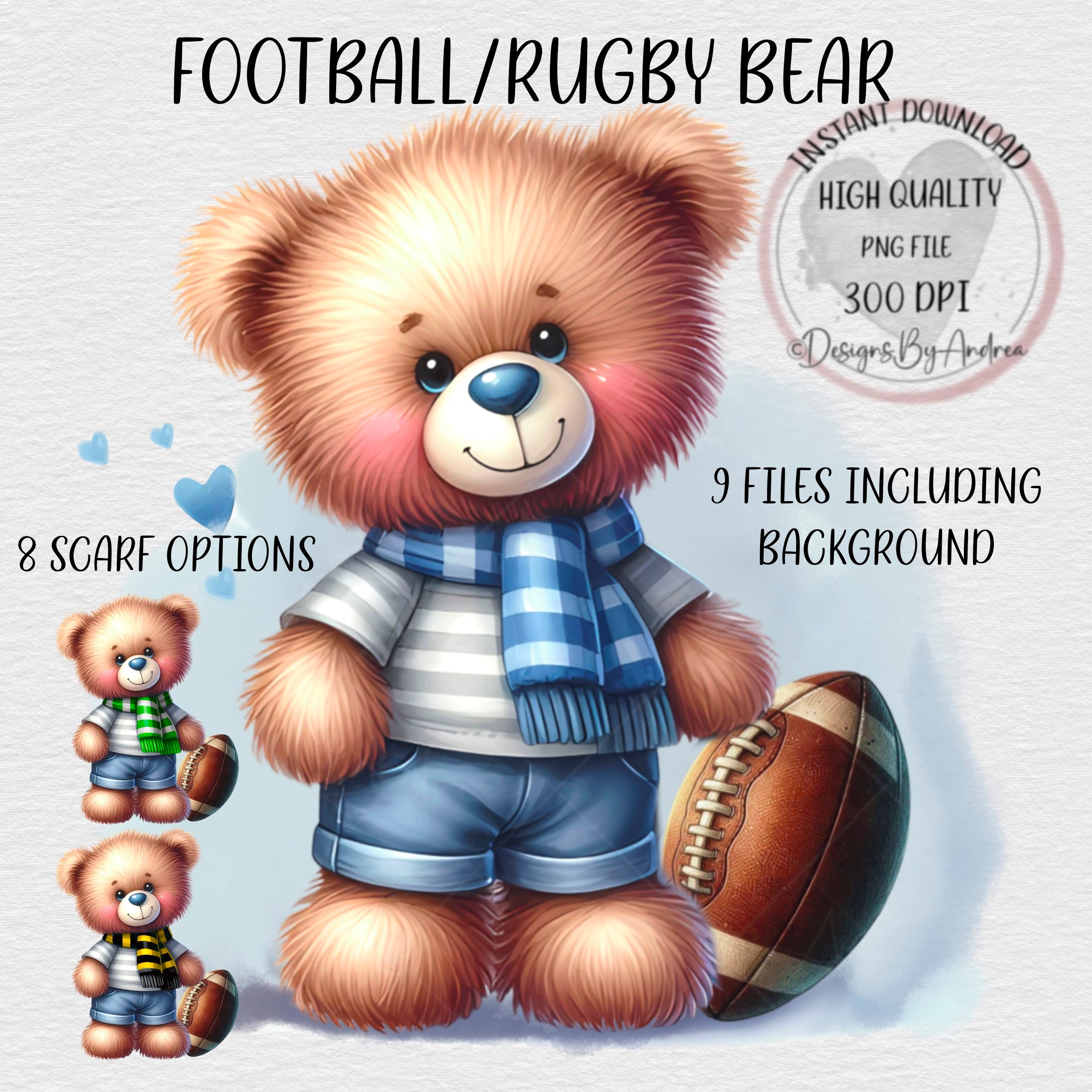 Rugby/American Football teddy bear. 9 PNG files including background; 8 colour options ...