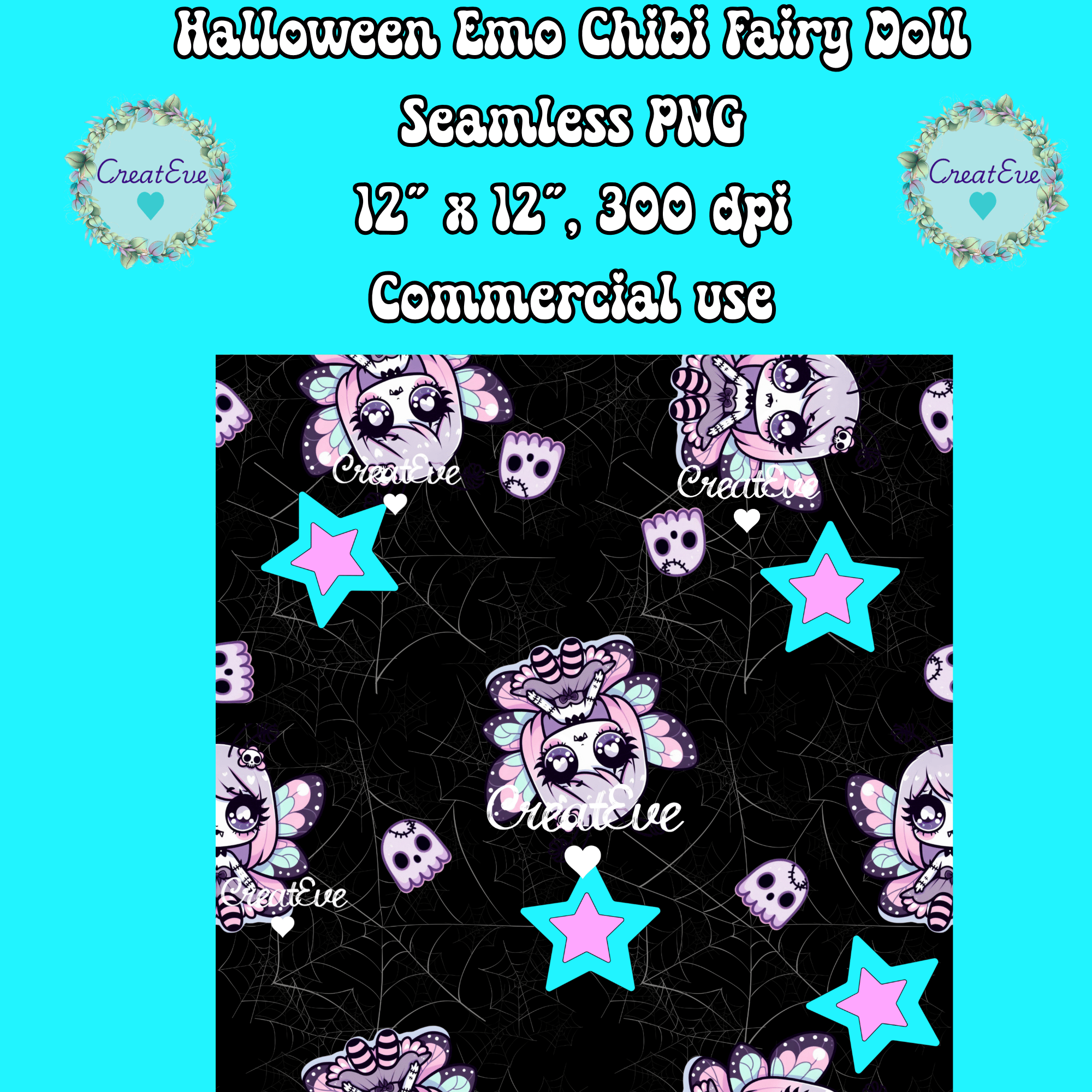 Emo Chibi Fairy Doll Seamless Pattern 12" x 12" - Payhip