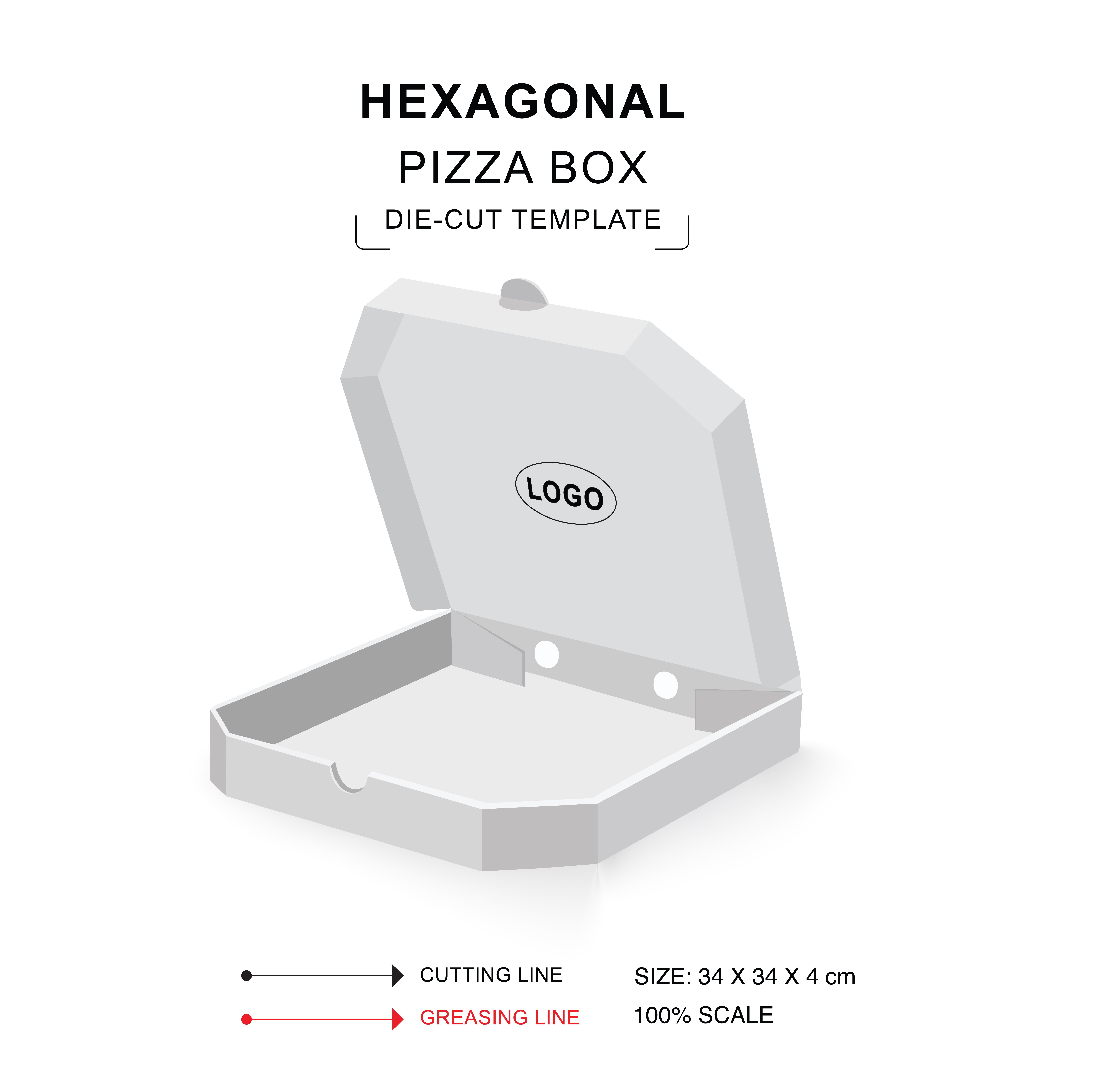 Hexagonal & Industrial Level Pizza Box Dieline (Pack of 8) Sizes - Payhip