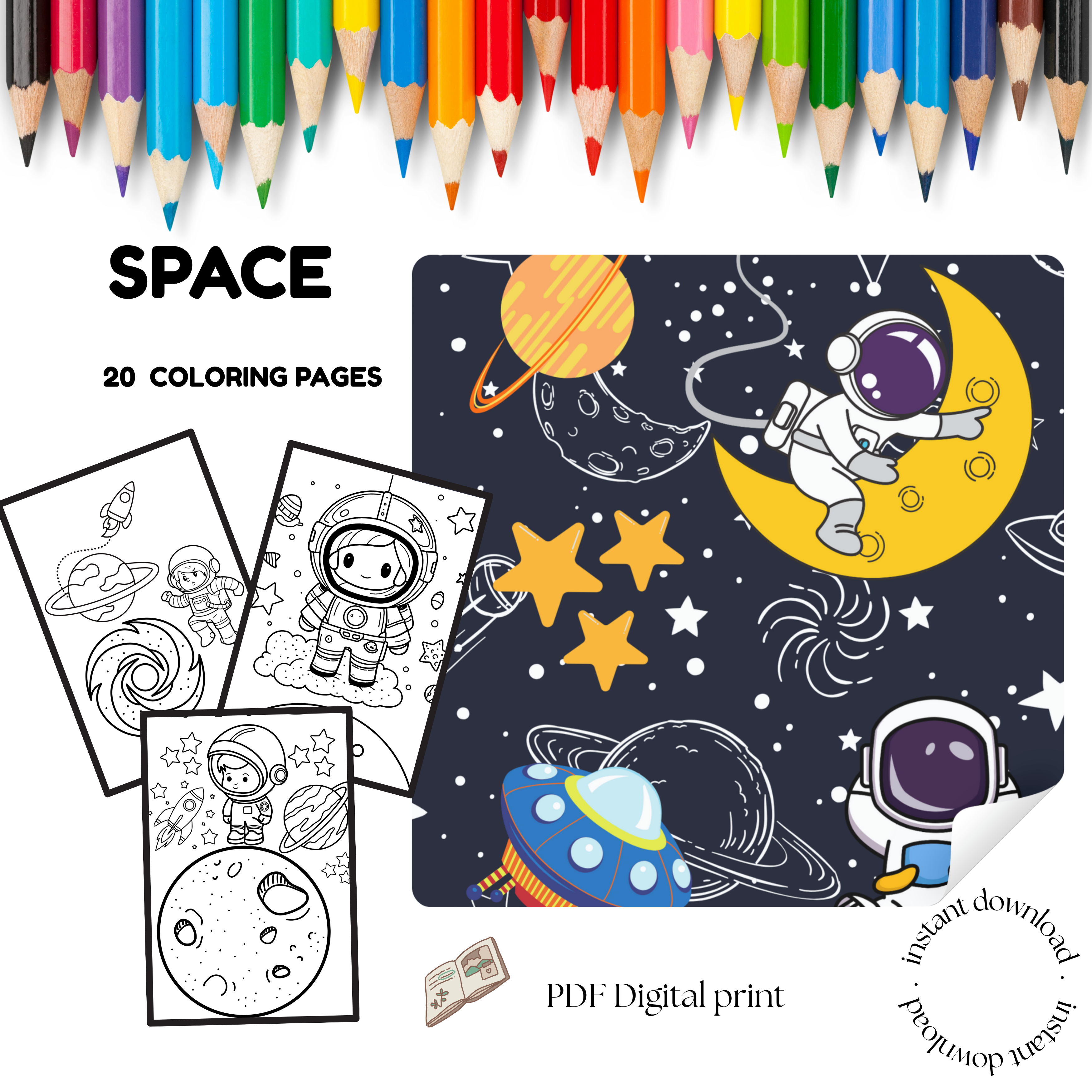 Space coloring book, coloring pages for kids outer space digital PDF ...