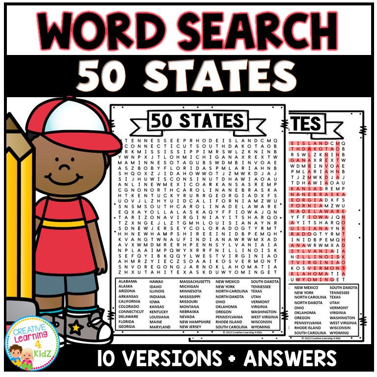 50 States Word Search Puzzle Printable USA Geography Worksheets
