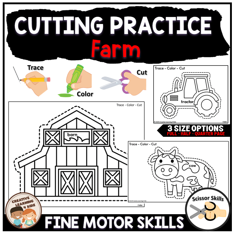 Cutting Practice Farm Scissor Skills Worksheets Fine Motor Skills for Kids
