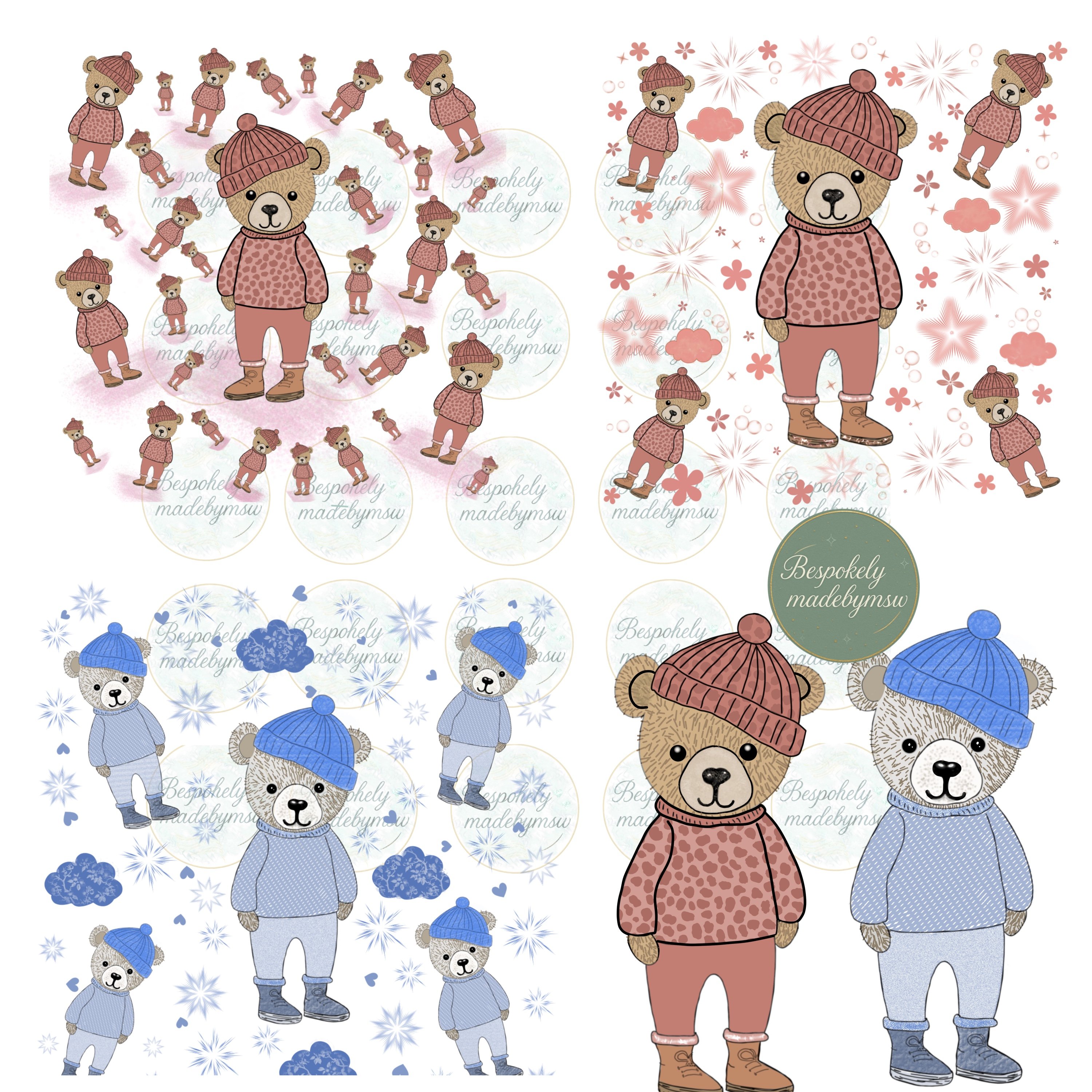 Hand drawn teddy bear, wearing sweats, jumper and hat, repeating pattern in pink and blue. - Payhip