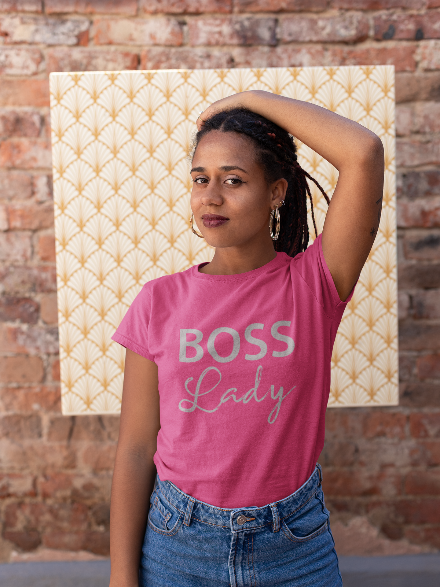 BOSS Lady Pinkish Color Silver Sparkle Lettering T-Shirt - Payhip