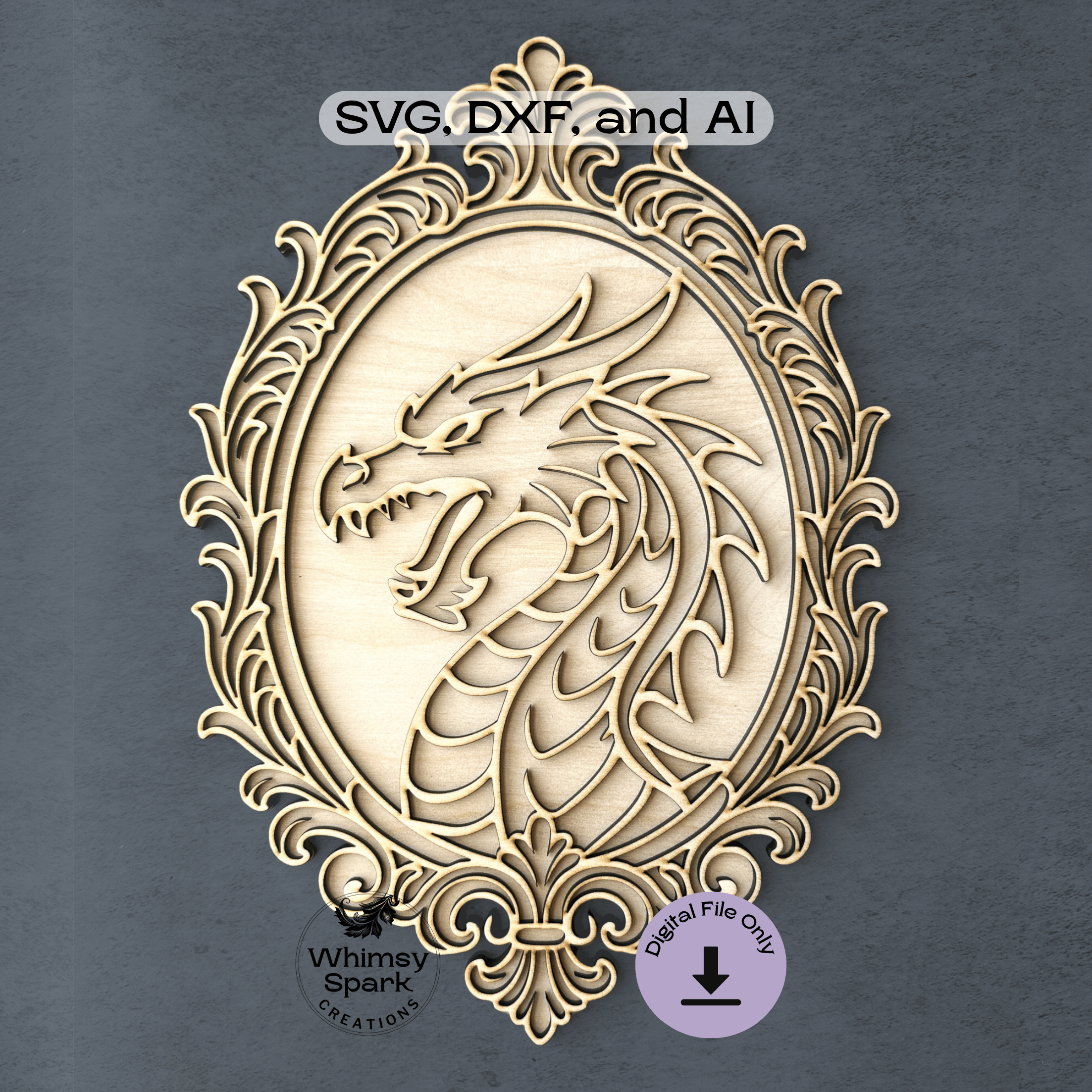 Layered Dragon SVG baroque laser-cut file 2-layer fantasy crest for ...