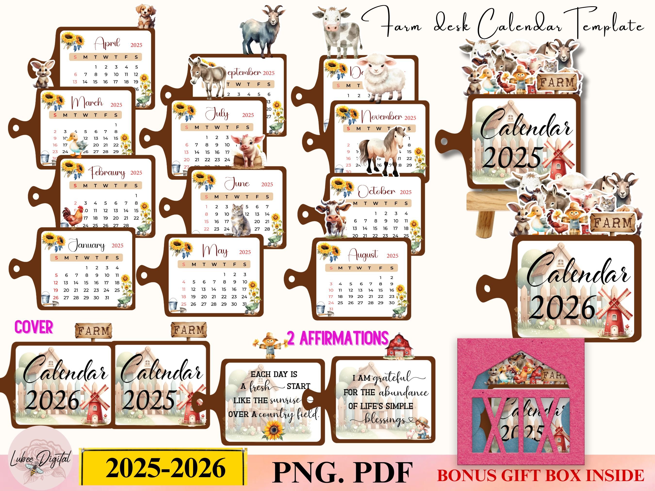 Farm Animal Monthly Calendar 2025-2026, Printable Mini Calendar & DIY ...