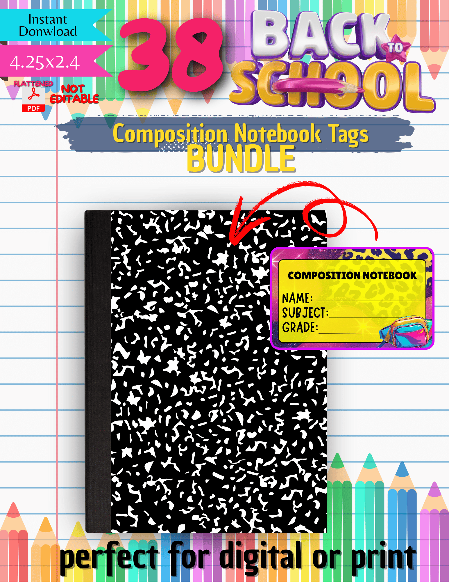 38 Back to School Composition Notebook Tags – Printable Label Bundle ...