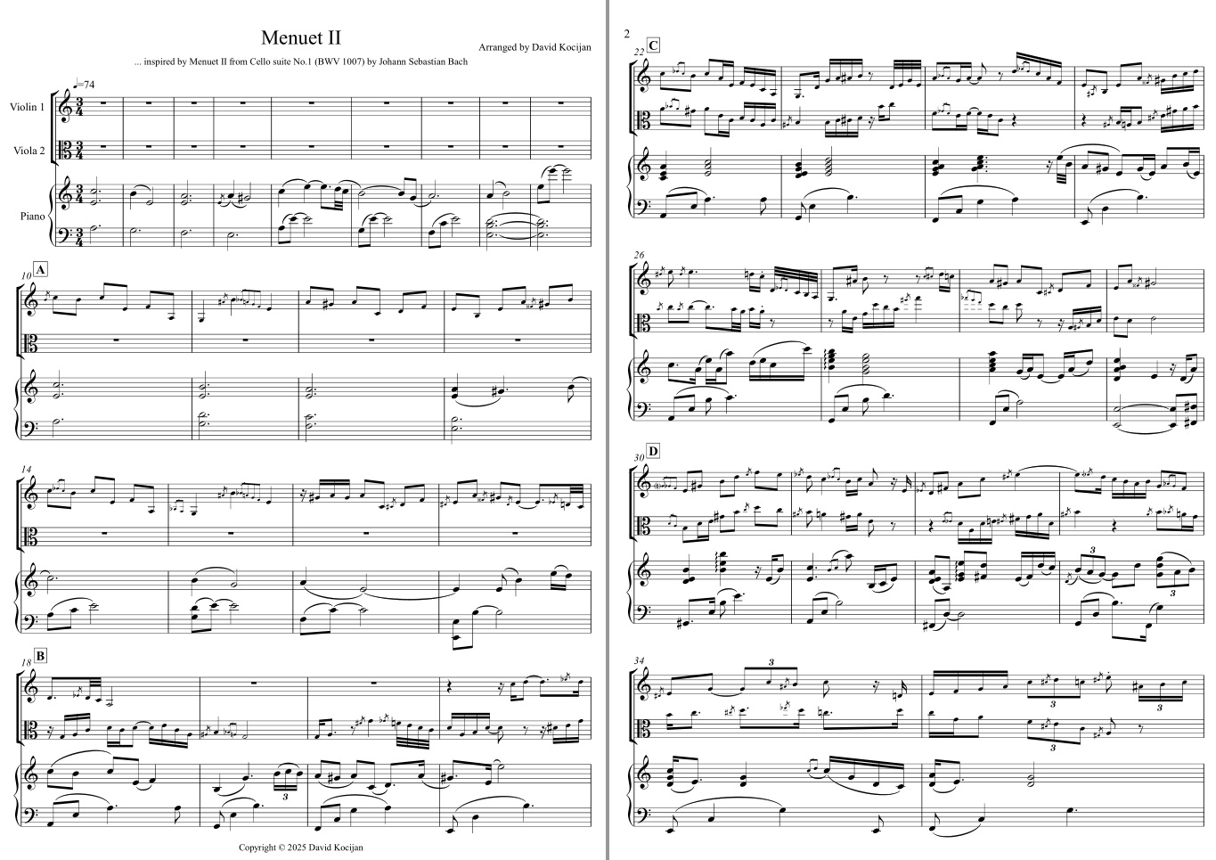 Bach: Minuet II TRIO SHEET MUSIC (violin, viola & piano) with BACKING ...