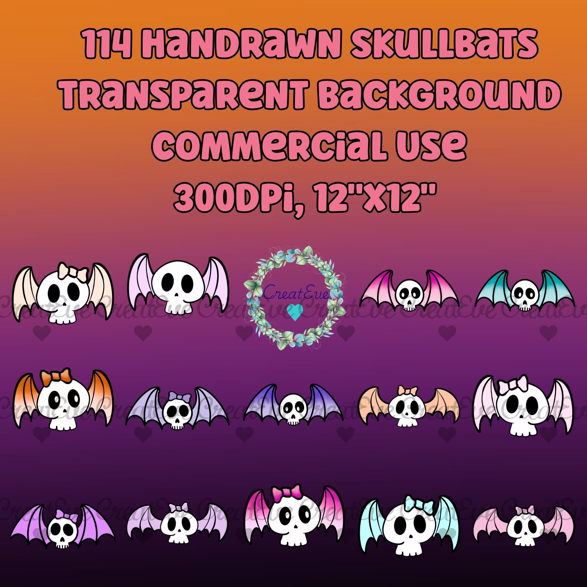 Hand Drawn Pastel Halloween Skull Bats 114 Image Clipart Bundle - Payhip