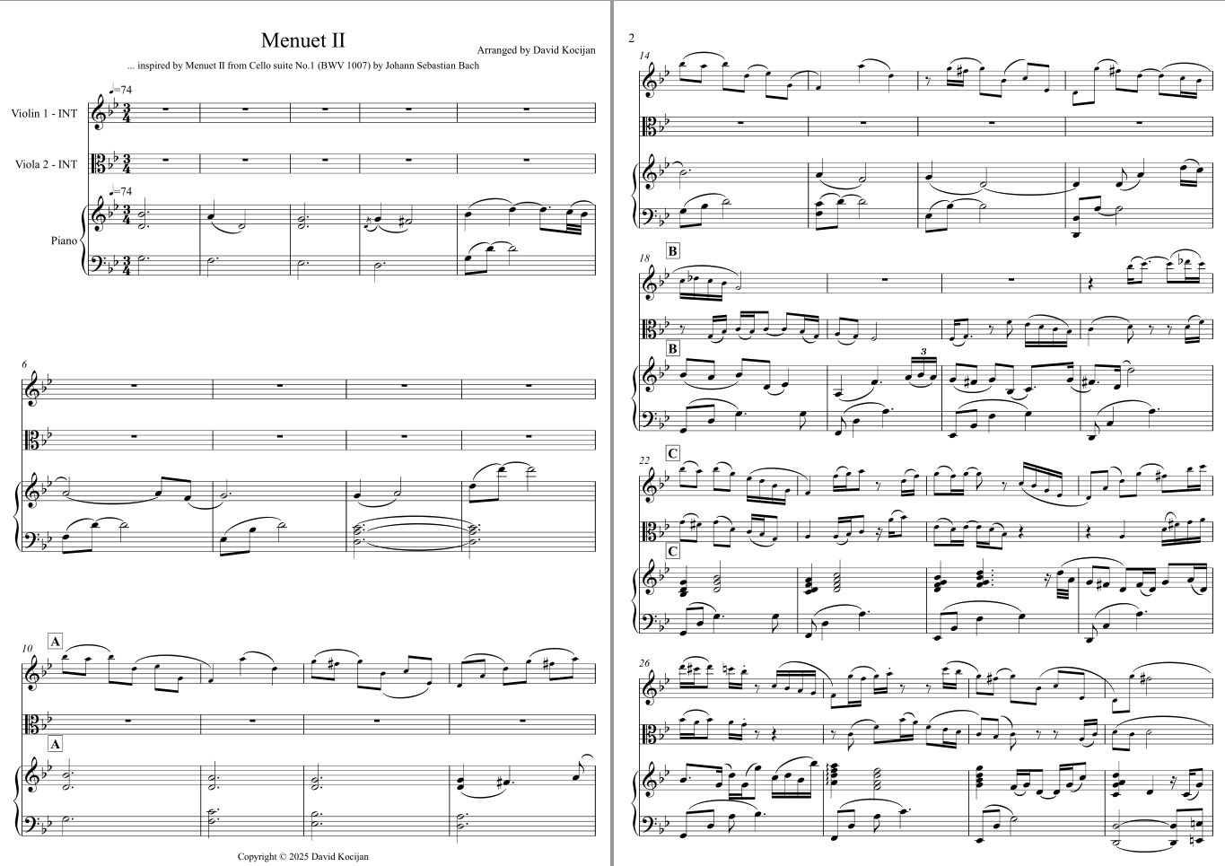 Bach: Minuet II TRIO INTERMEDIATE SHEET MUSIC (violin, viola & piano ...
