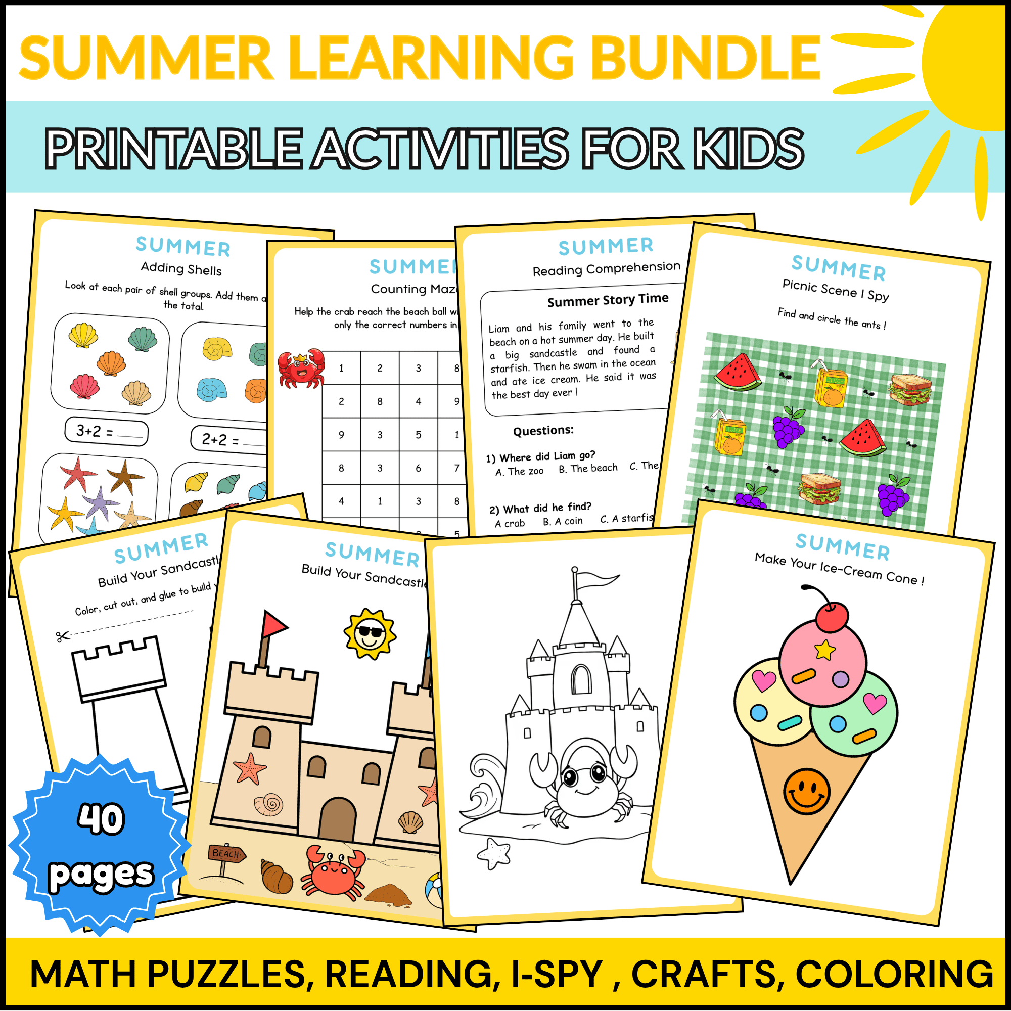Printable Summer Pack-Math Puzzles-Reading Passages-I Spy Beach ...