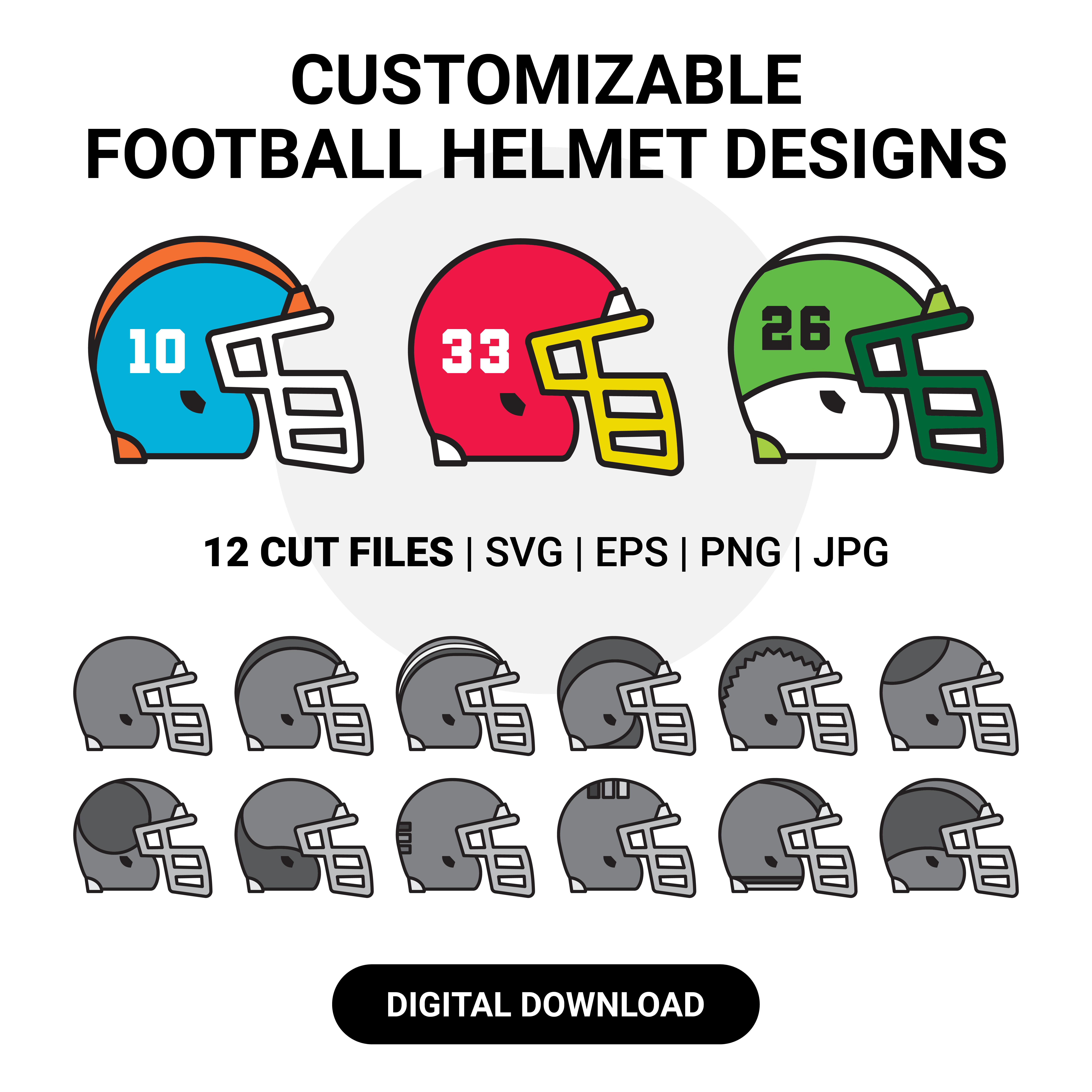 Customizable Football helmets SVG Bundle | 12 helmet Designs for ...