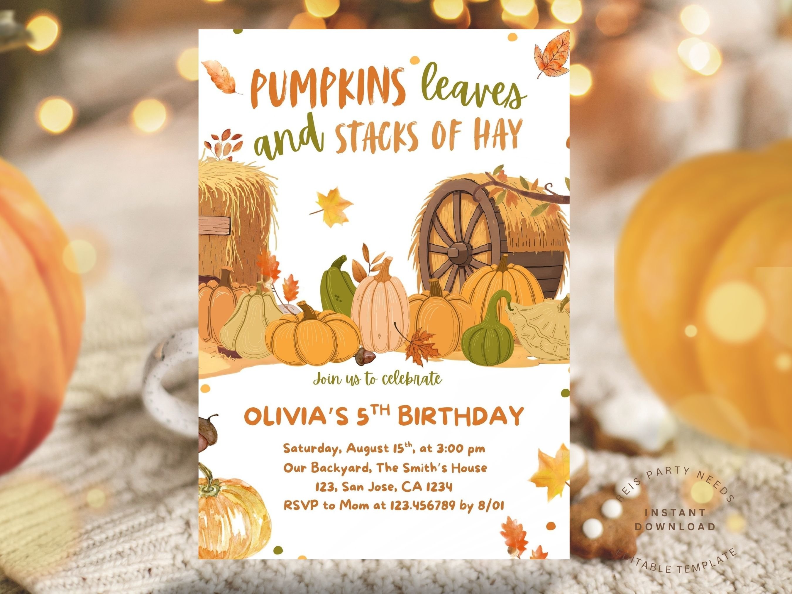 Little Pumpkin Birthday Invitation Fall Leaves Stacks of Hay Birthday Party Invite Pumpkin Patch ...
