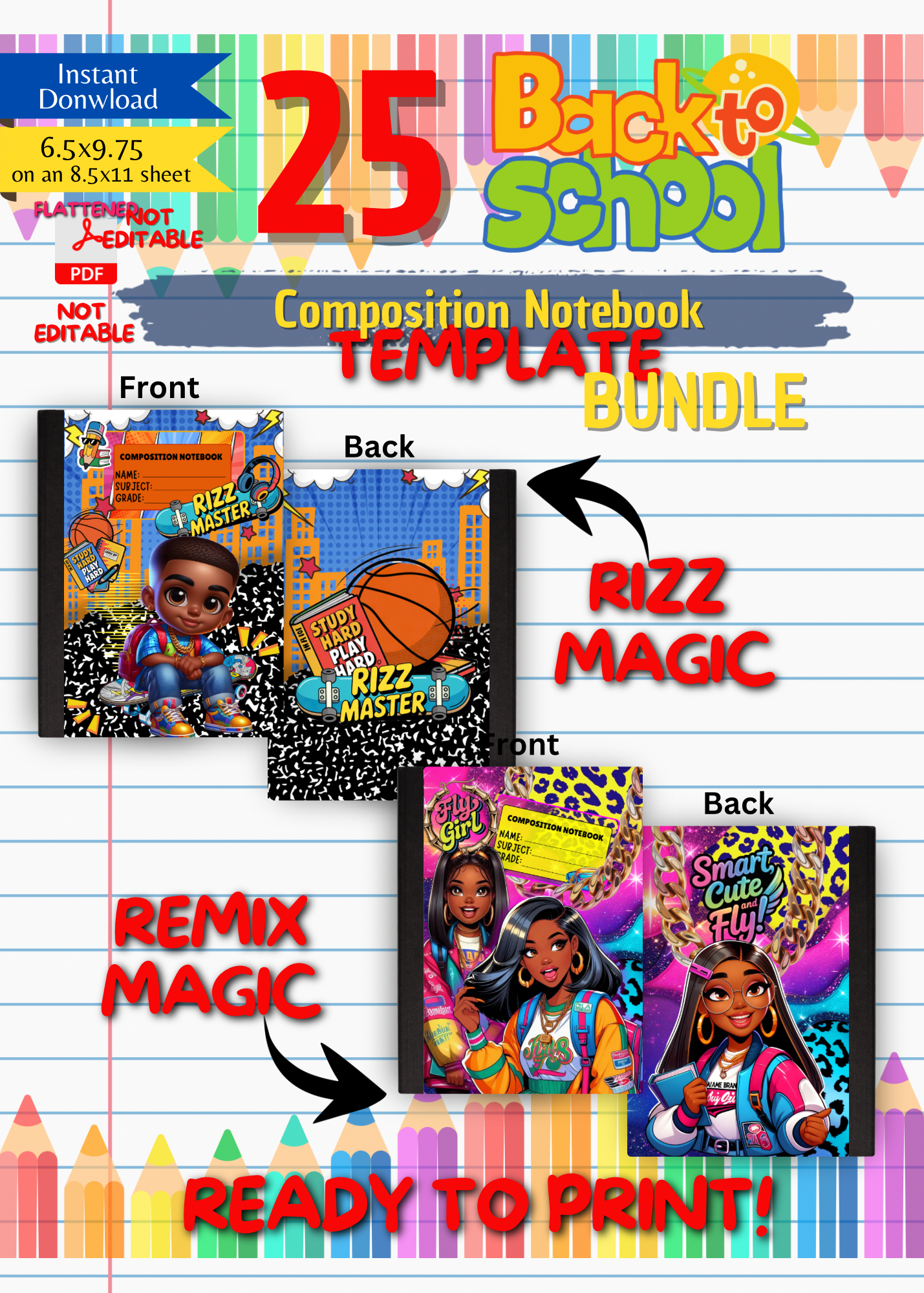 25 Y2K Remix & Rizz Master Composition Notebook Template Bundle- PDF ...