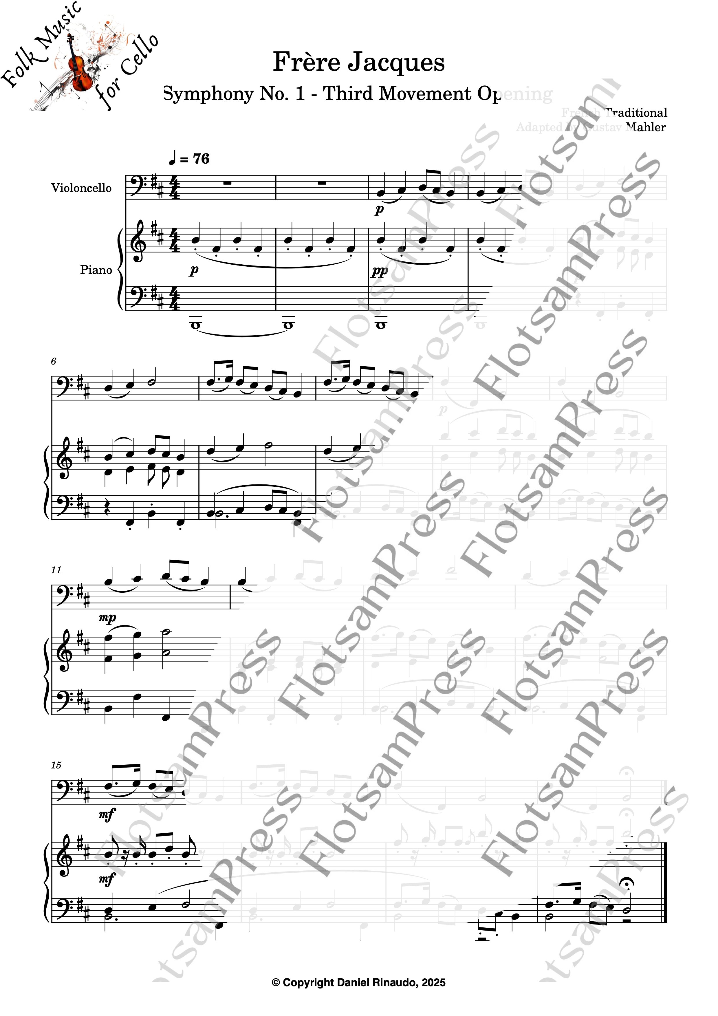 Frere Jaques - Mahler – Beginner/Easy Cello with Piano Accompaniment ...