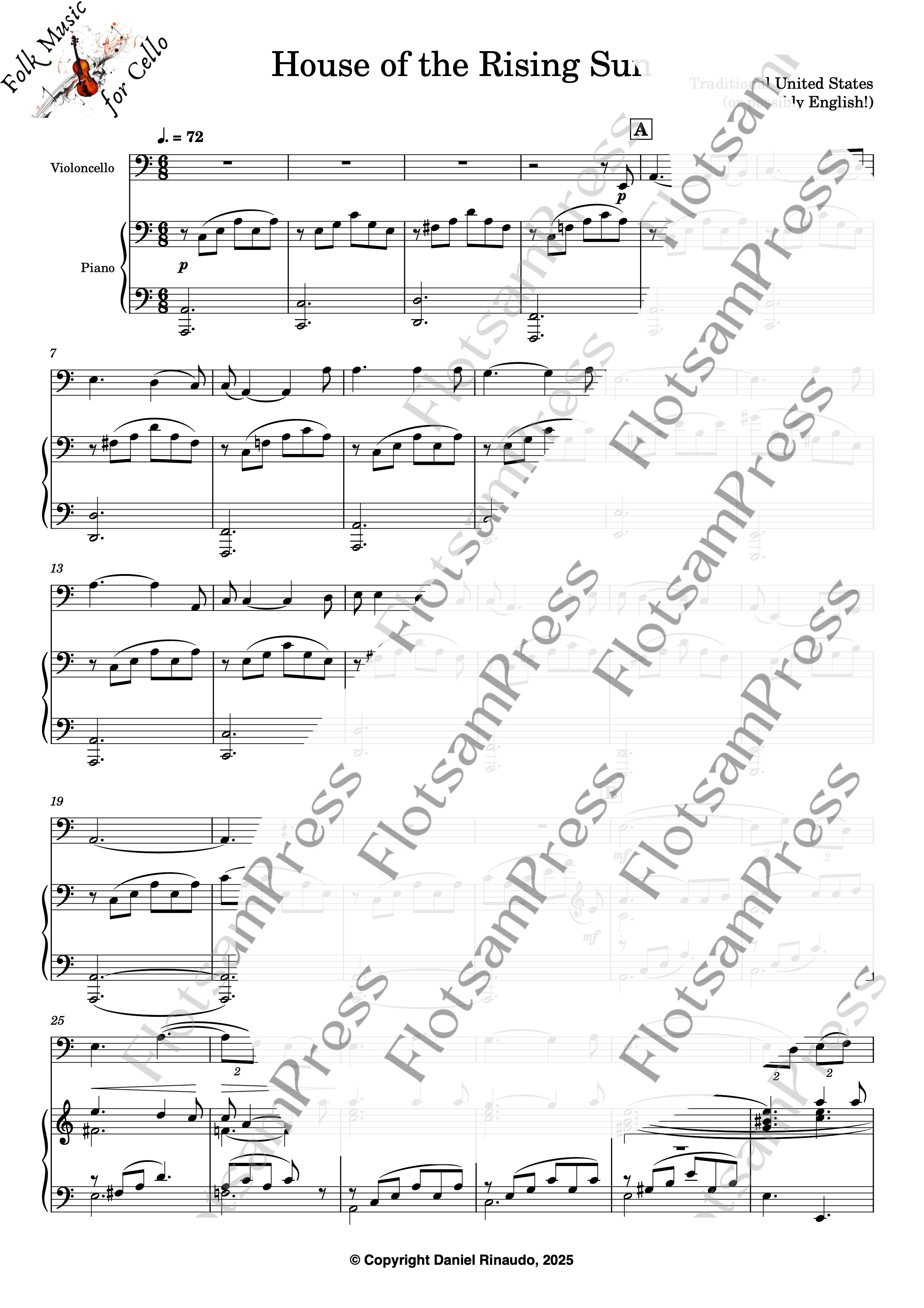 House of the Rising Sun – Beginner/Easy Cello with Piano Accompaniment ...