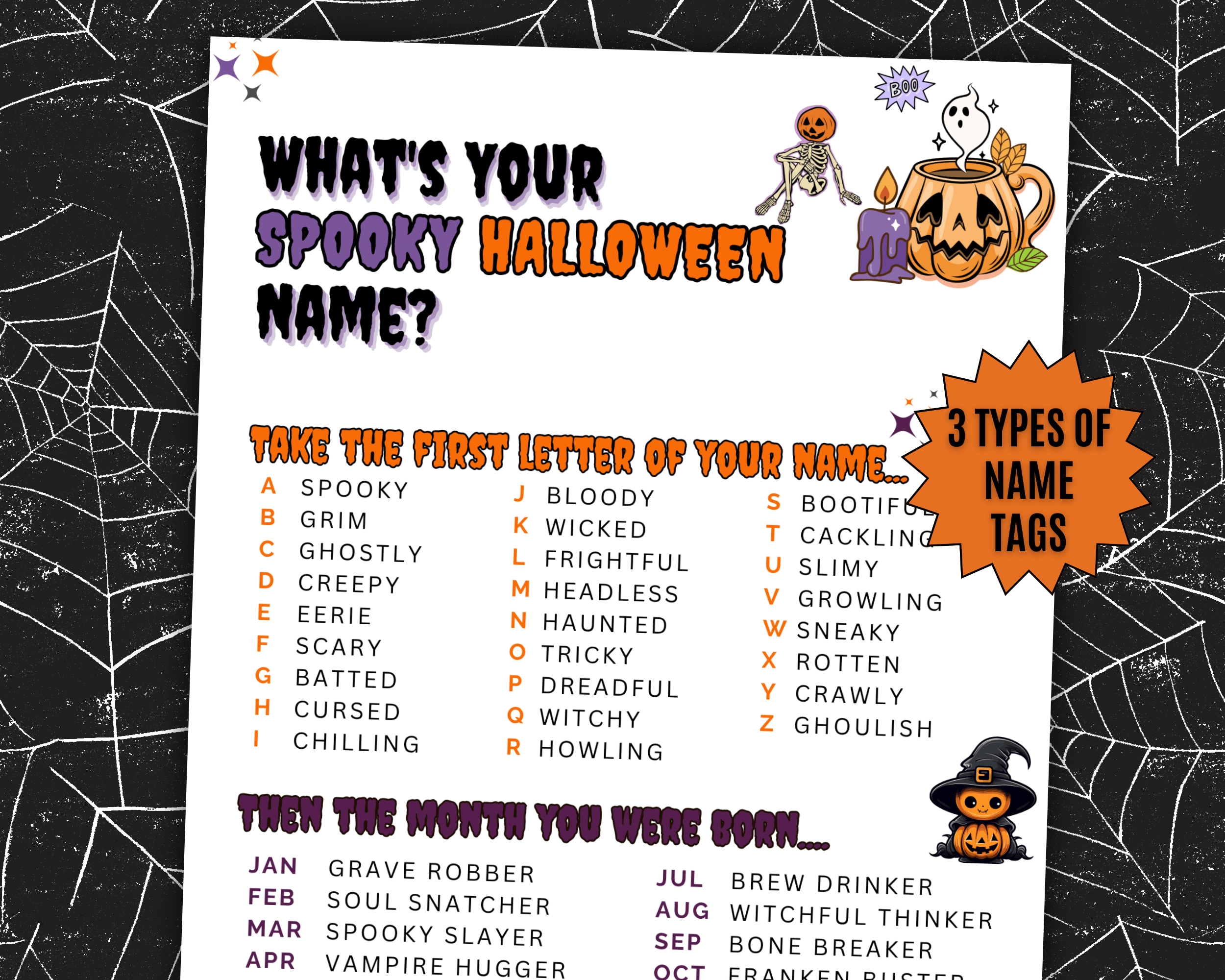 What's Your Spooky Halloween Name Game with NAME TAGS & SIGN, - Payhip