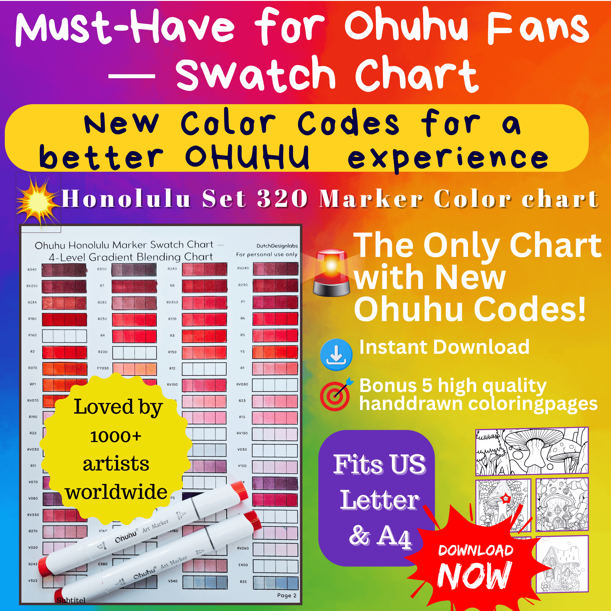 Ohuhu Marker Swatch Chart – New 2025 Color Codes – 4-Gradient Printable ...