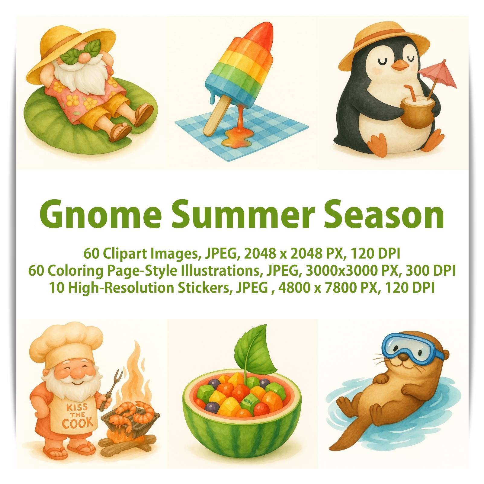 Gnome Summer Season - Clipart Set, Coloring Style and Stickers - Payhip