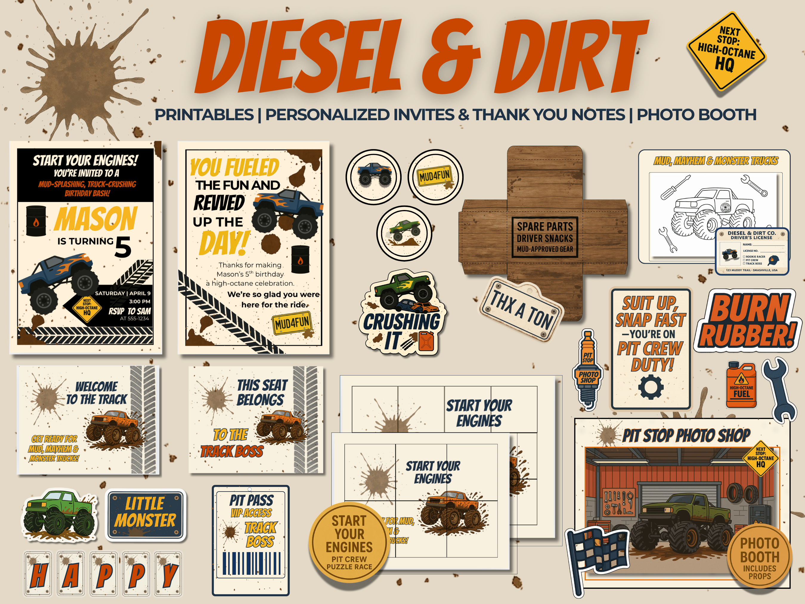Diesel & Dirt – Printable Monster Truck Birthday Party Collection for ...