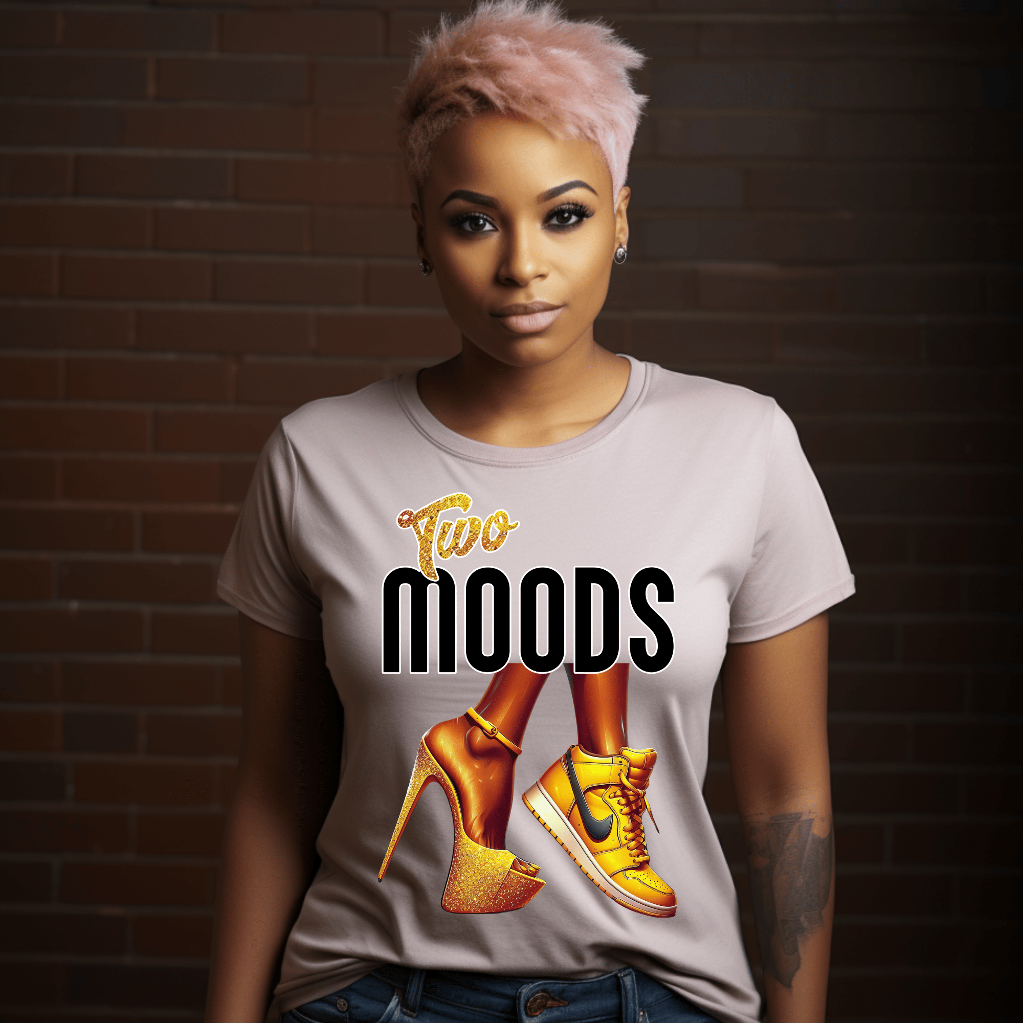 Two Moods PNG – Yellow Gold Sneaker & Heel T-Shirt Design – Luxe Dual ...