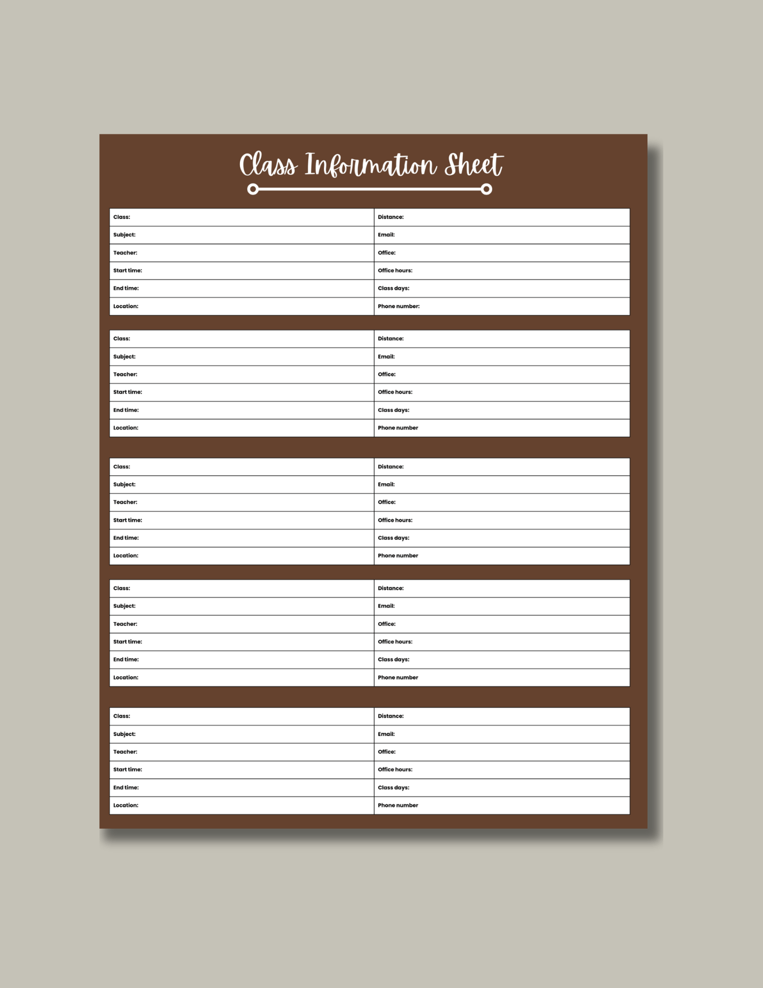 Class Information Sheet - Digital Template - Payhip