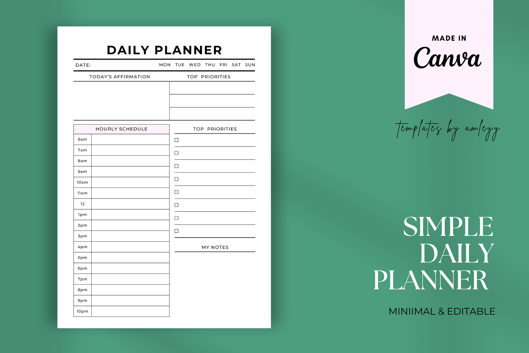 Simple Daily Planner Template | Canva Editable Minimalist Planner ...