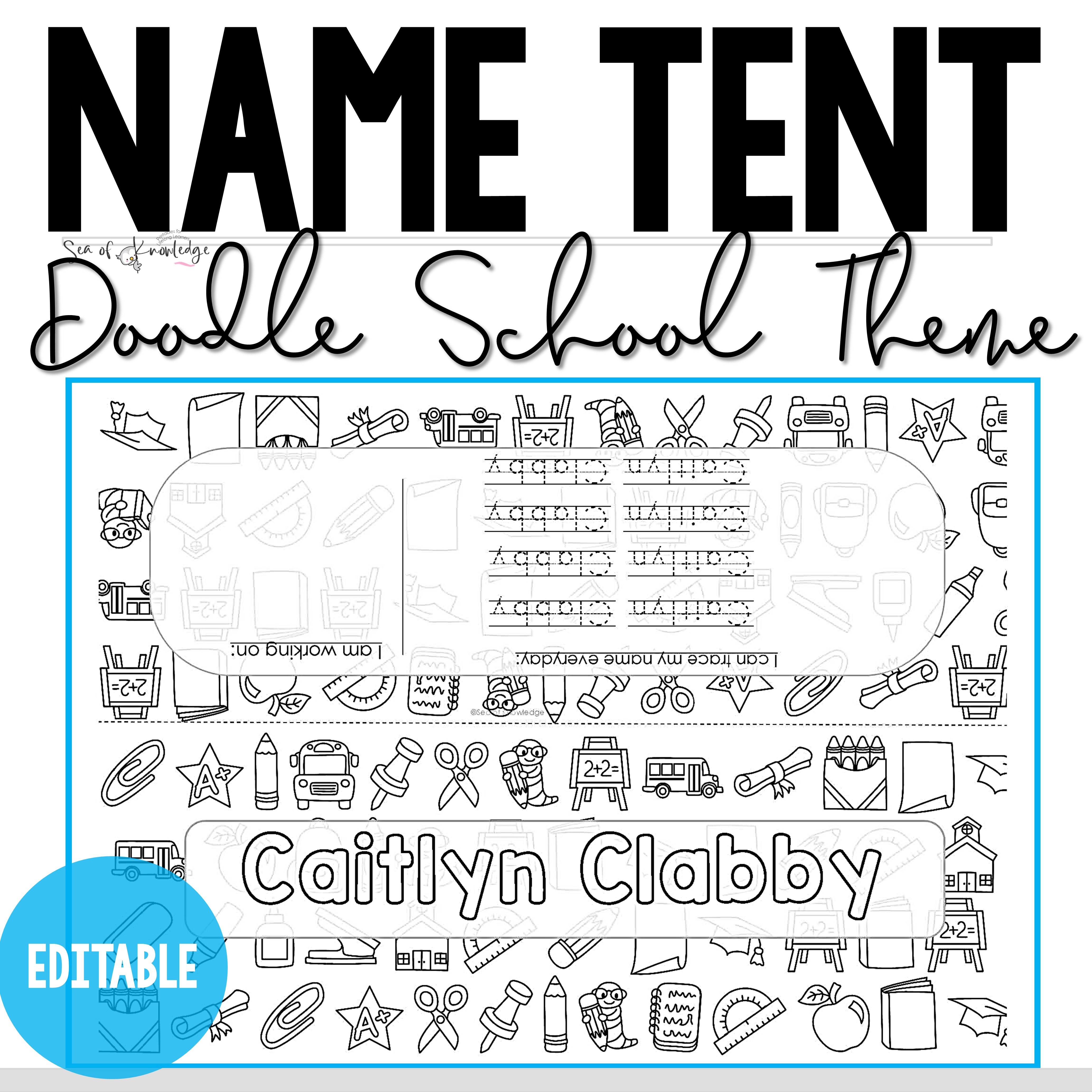 Back to School Doodle Name Tent & Desk Plate | Editable Student Goal ...