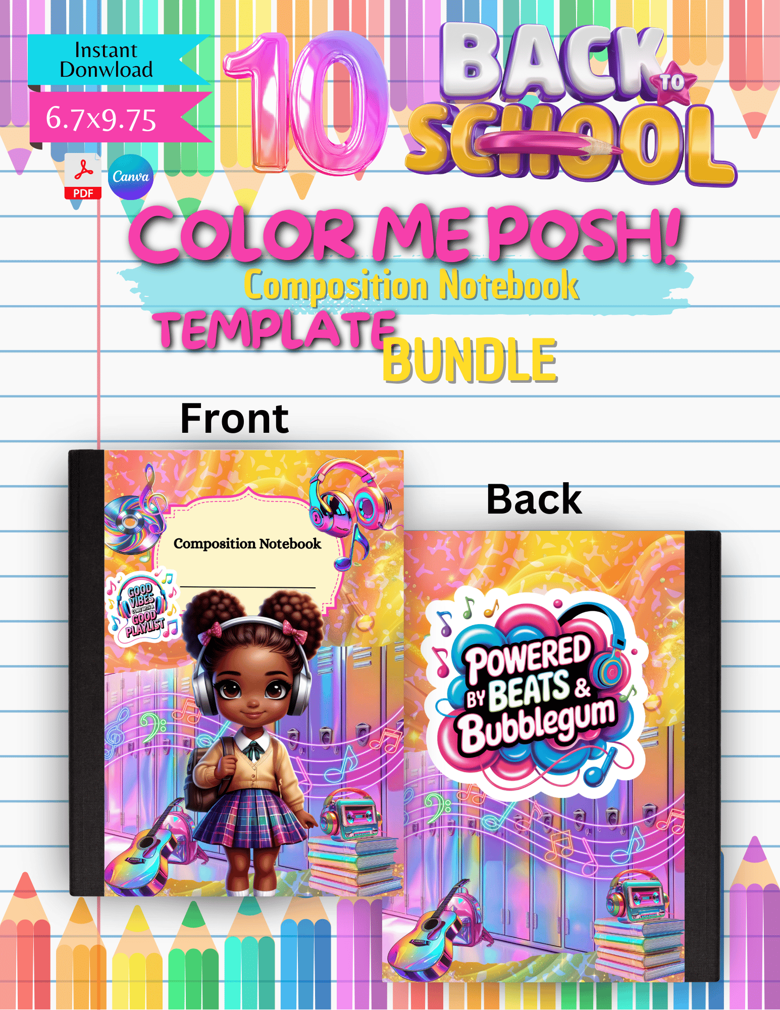 10 Editable Y2K Color me Posh Composition Notebook Template Bundle - Payhip