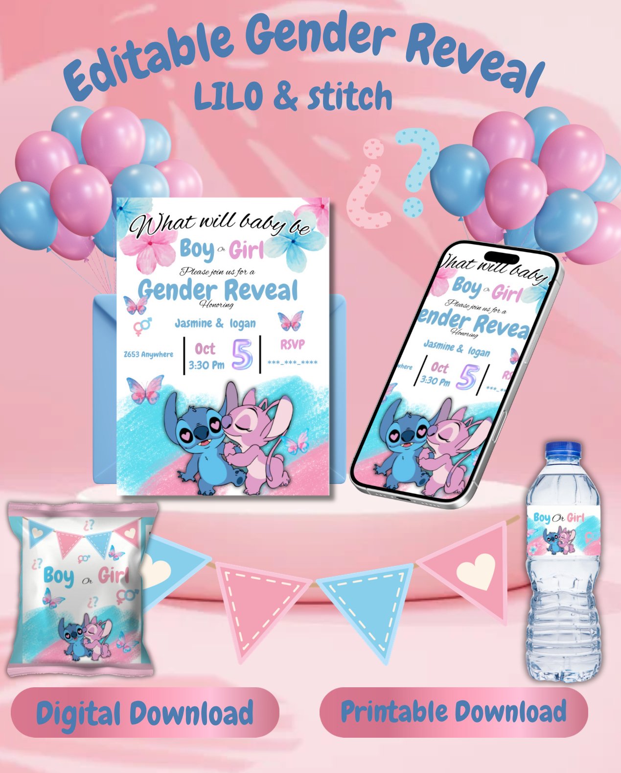 Lilo & Stitch Gender Reveal Invite, Chip bag and water bottle - Payhip