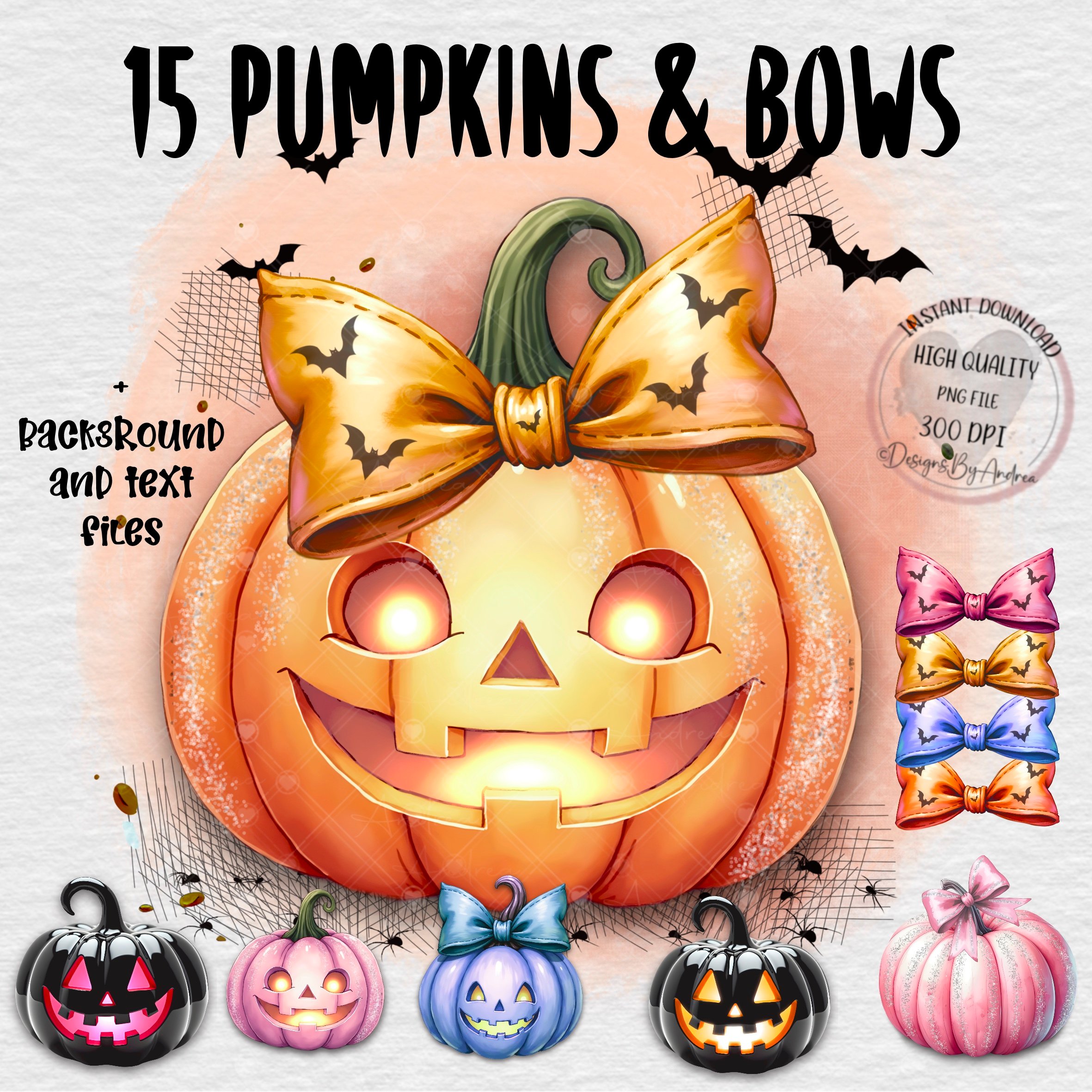Halloween pumpkins n bows. Incl text files optional background. Personalise. 18 PNGs - Payhip