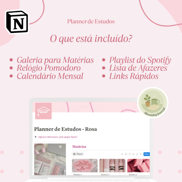 Planner de Estudos - Rosa - Template Notion - Payhip