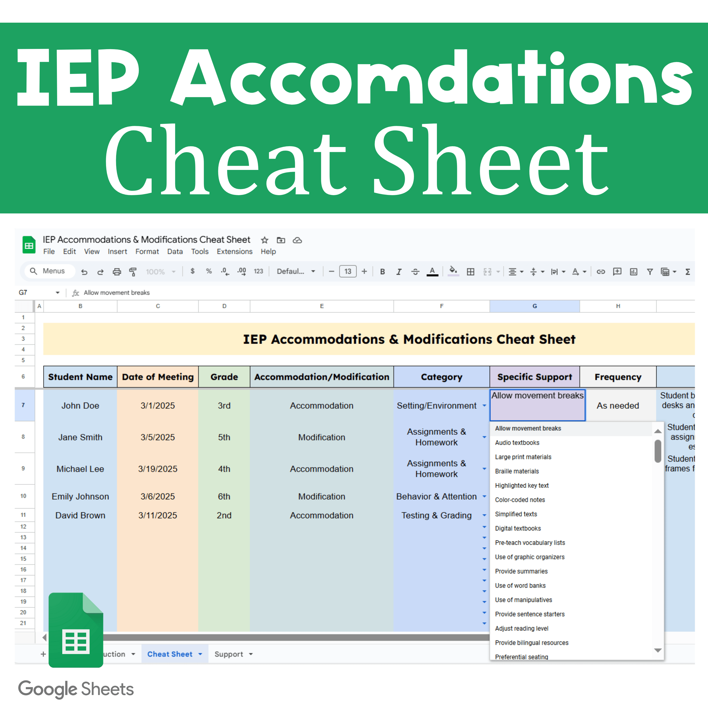 IEP Accommodations and Modifications Cheat Sheet Digital Printable Checklist - Payhip