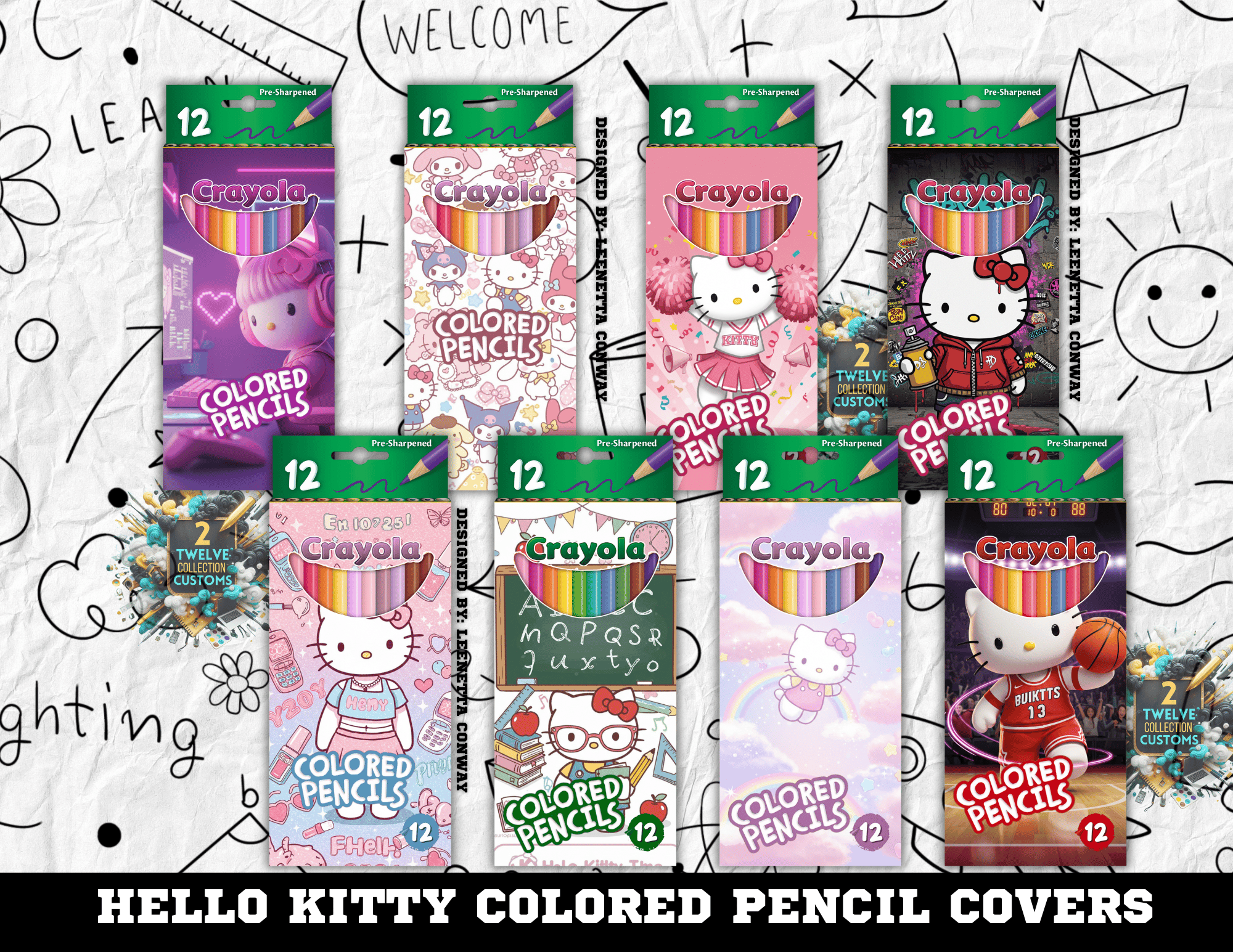 Hello Kitty 12CT Colored Pencils Cover 8 Pack Canva Template | Digital ...