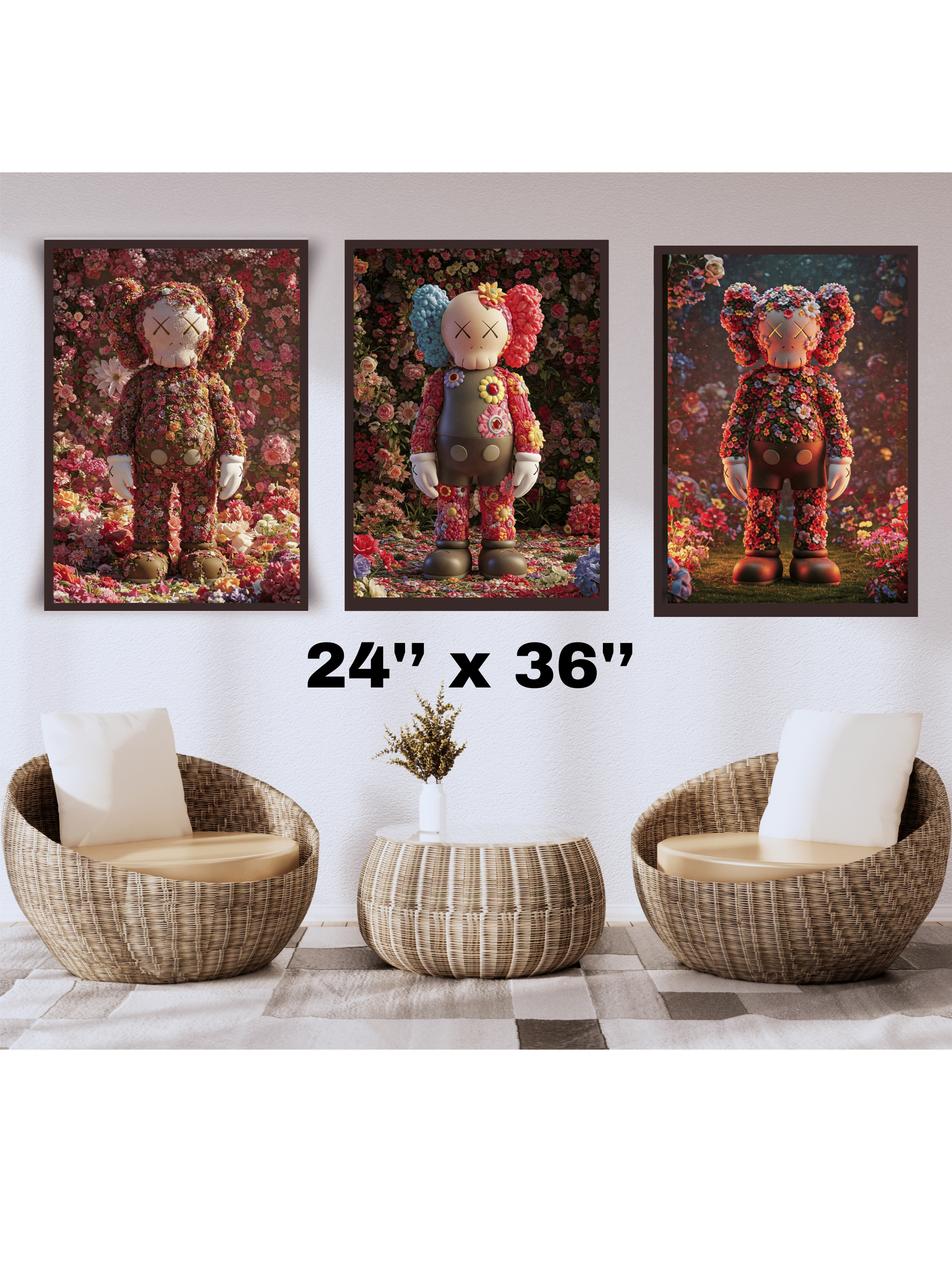 Kaws wall art set of 3 Kaws flower poster kaws figure Hypebeast vintage ...