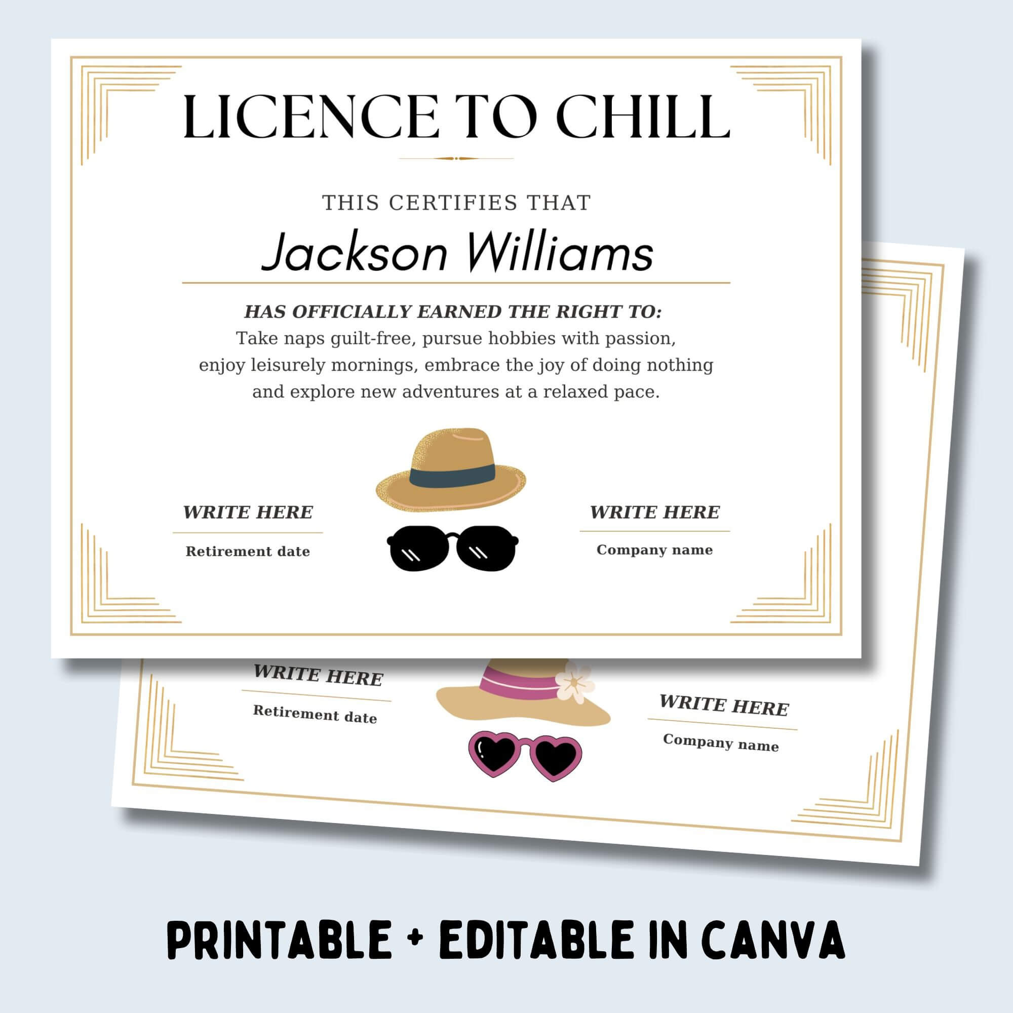 Editable “License to Chill” Retirement Certificate – Funny Canva ...
