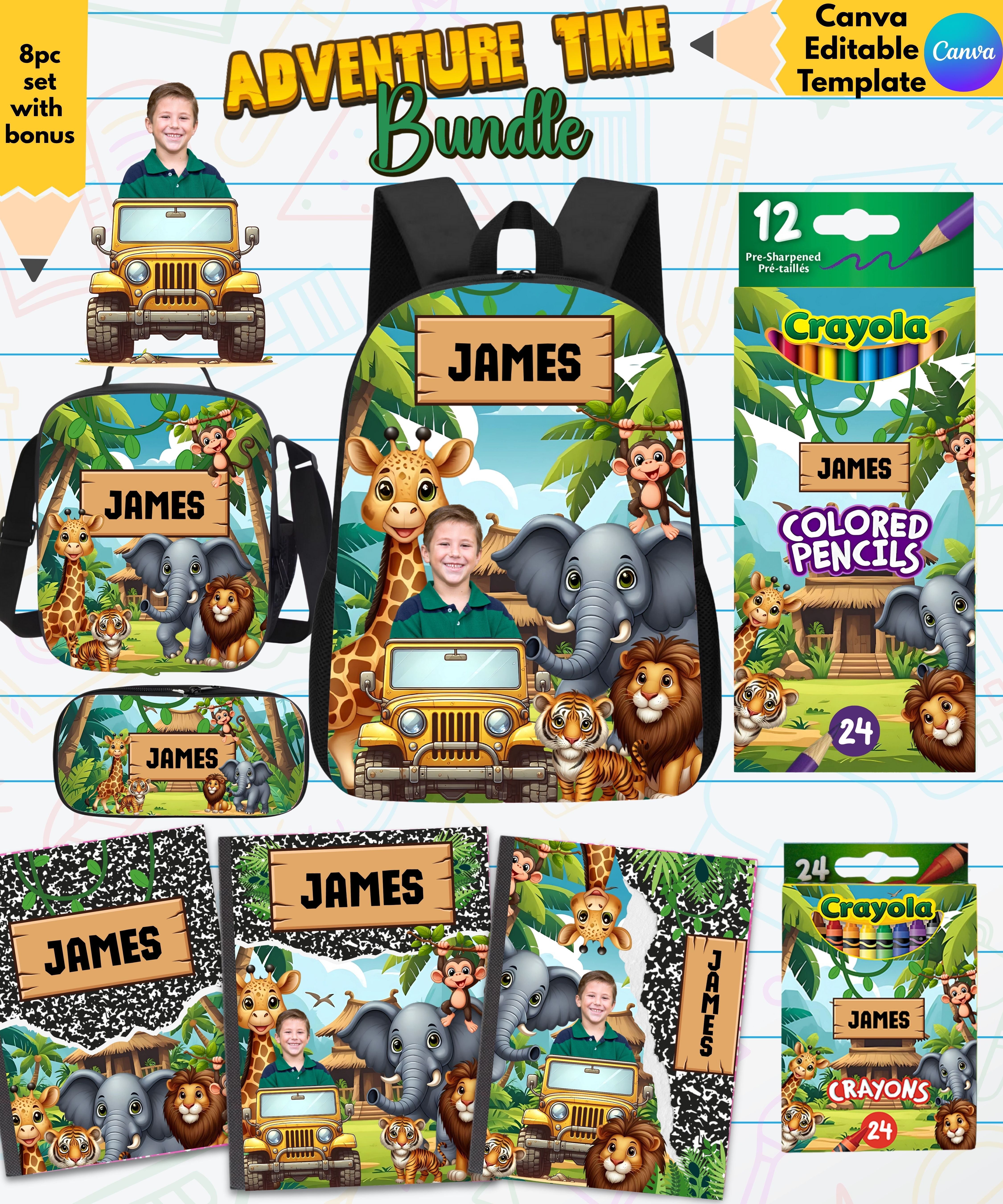 ADVENTURE TIME Safari Back to School - 8pc Editable Canva Template ...