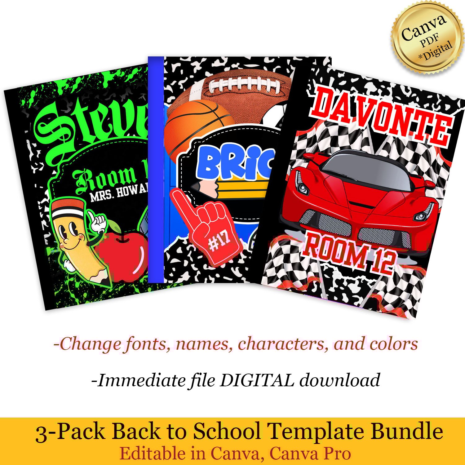 3 Pack Composition Notebook Cover Template Bundle 1, Digital, Editable ...